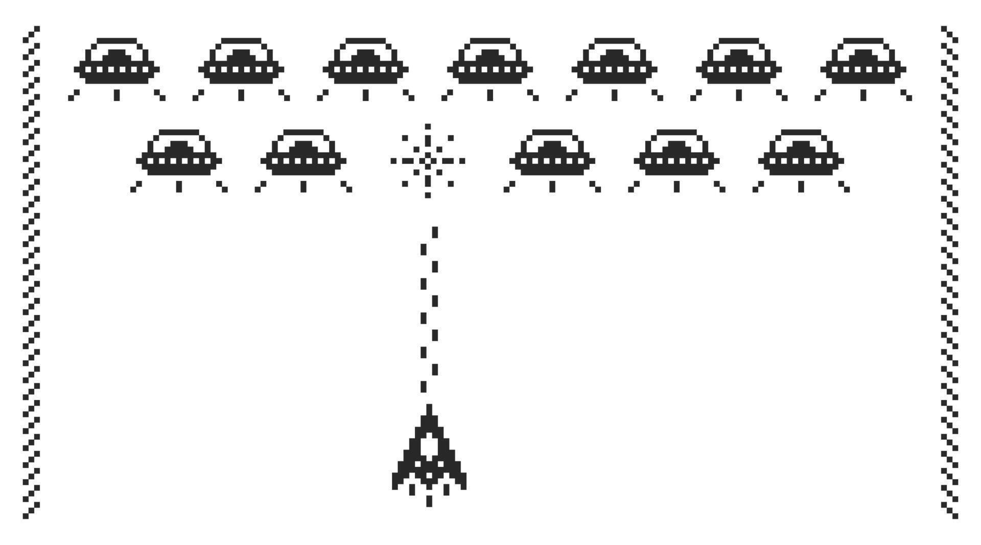 Spaceship shooting to cosmic invaders. Space invaders in pixel art ...