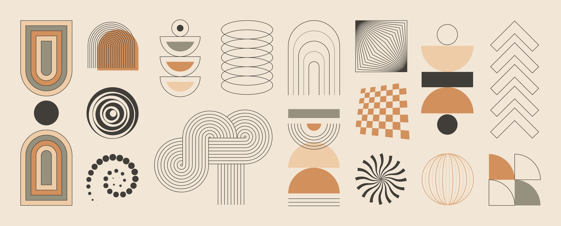 Hand Drawn Abstract Minimal Element Mid Century Set Aesthetic Contemporary Stripe Line Art