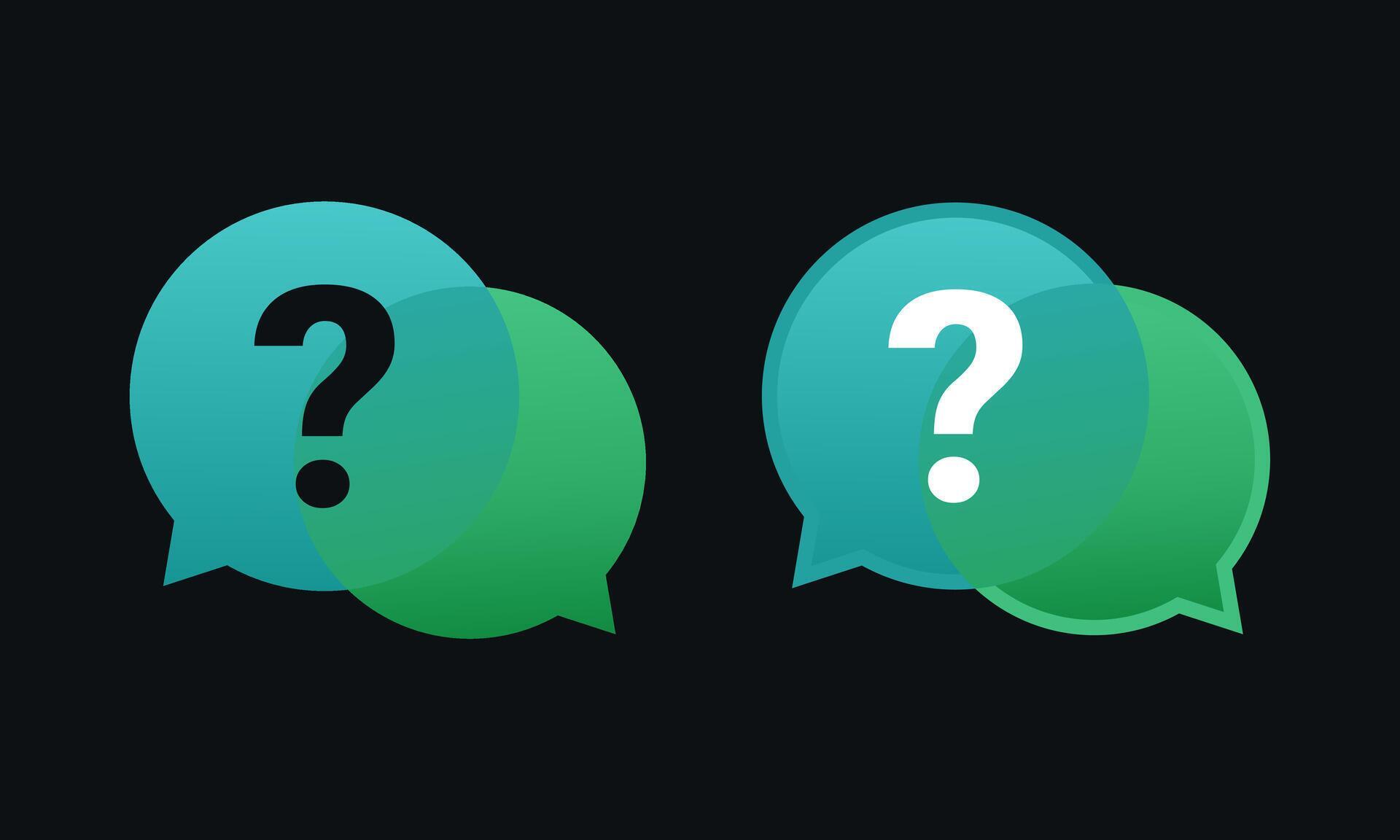 Set of question icon. Two chat speech message bubbles with question marks. FAQ or forum icon ...