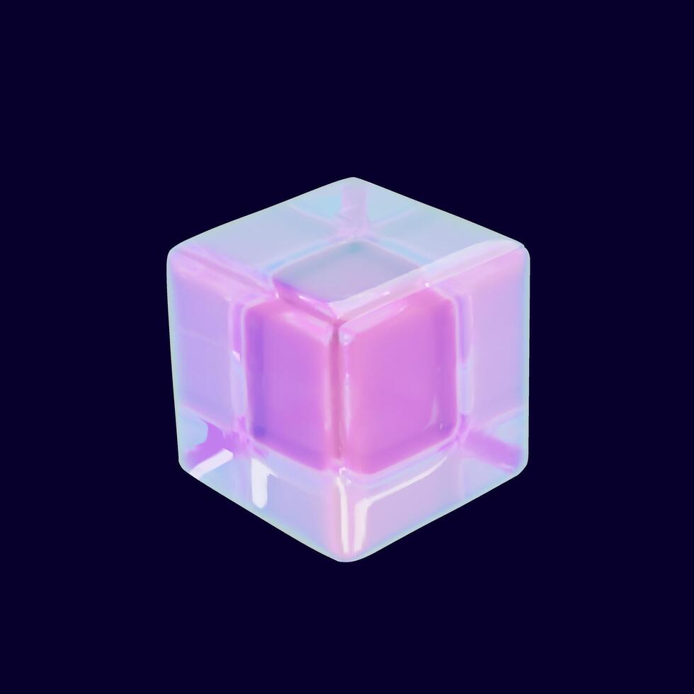 3d render glass cube. Glossy crystal design in rectangle shape. Neon ...