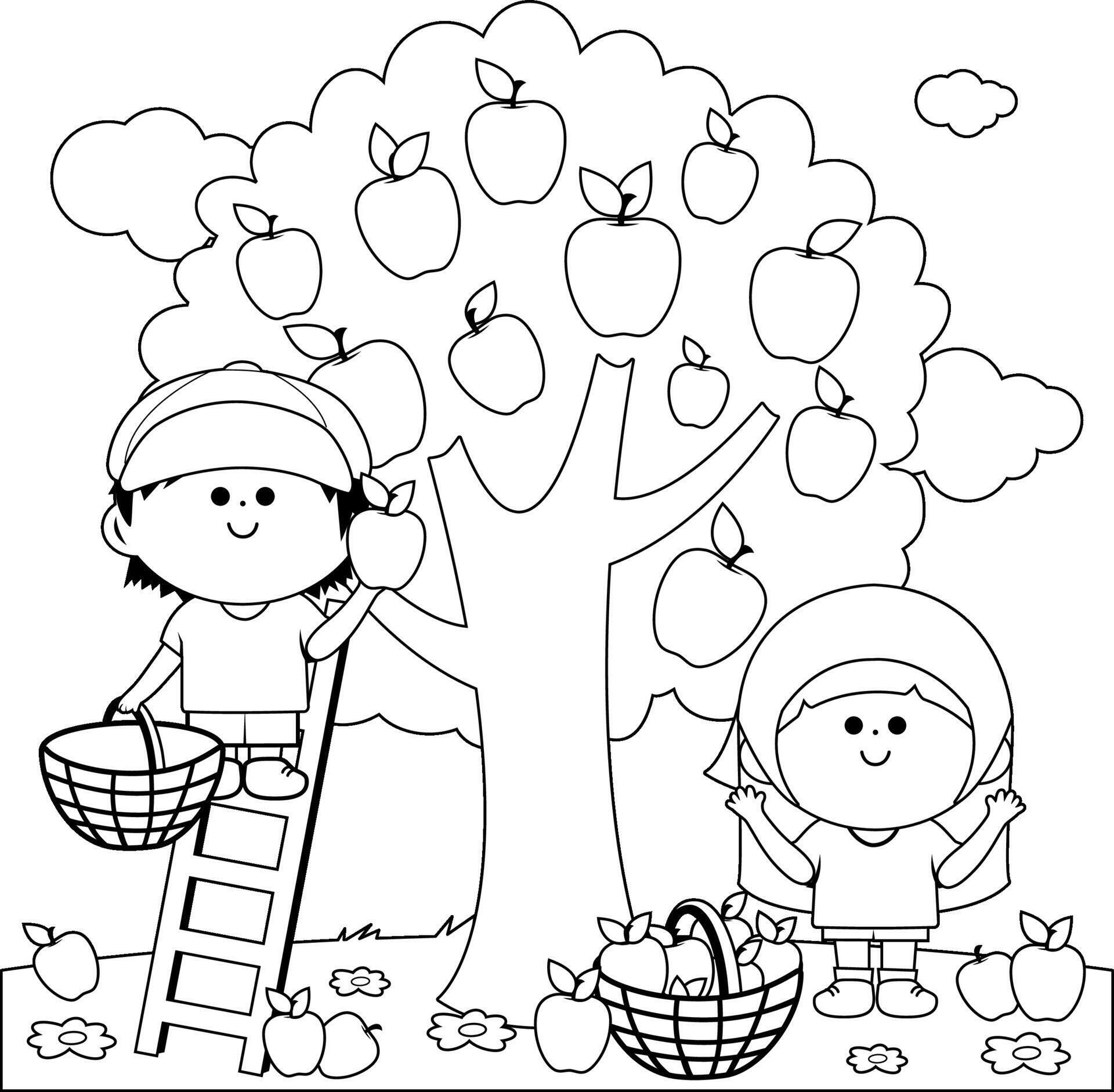Children picking apples under an apple tree in the garden. Kids at the ...