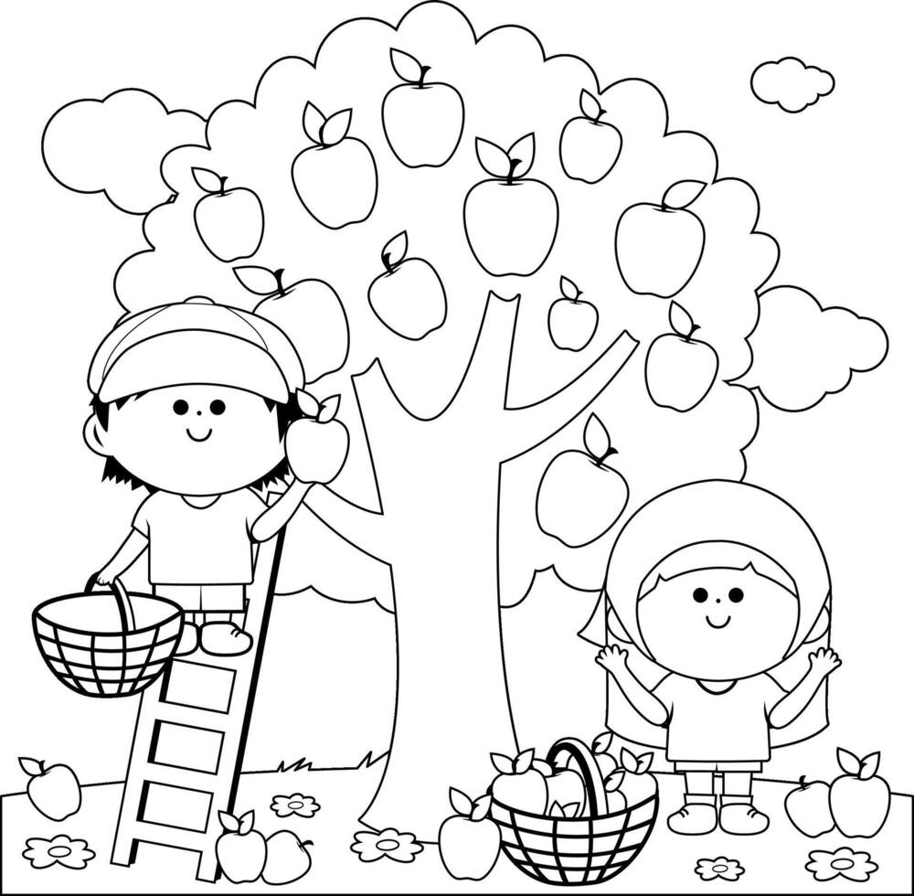 Children picking apples under an apple tree in the garden. Kids at the ...