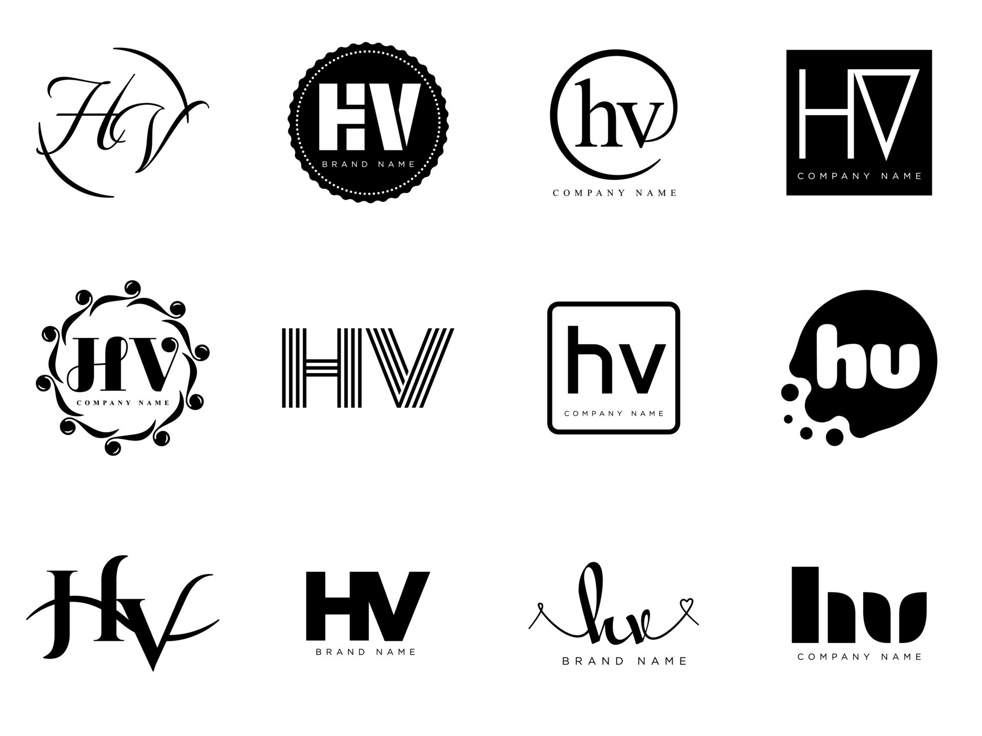 HV logo company template. Letter h and v logotype. Set different classic serif lettering and ...