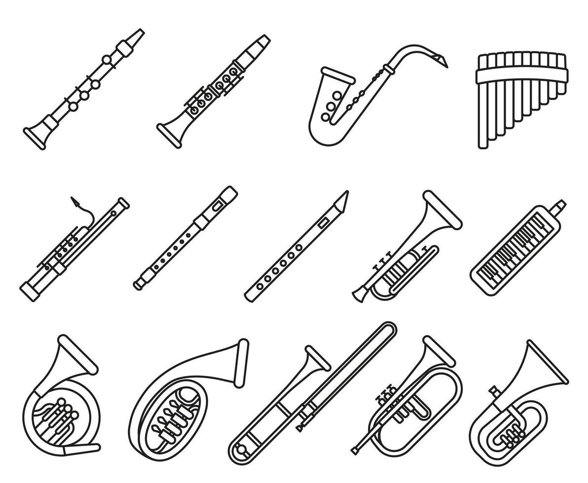 Wind musical instruments with the name in a thin line. Set of wind ...