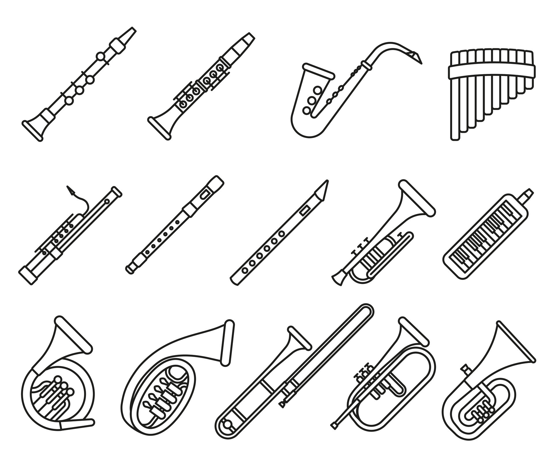Wind musical instruments with the name in a thin line. Set of wind ...