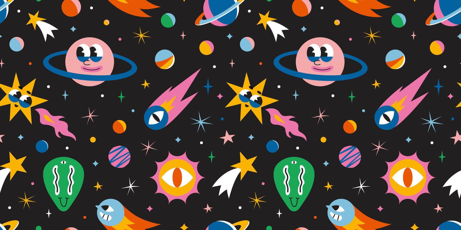 Seamless pattern with cute outer space elements. Cosmic background with ...