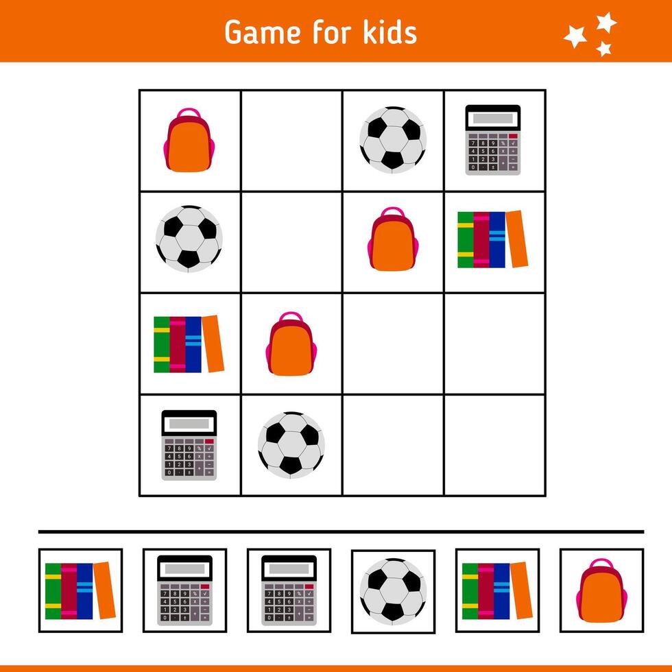 Logical task with school elements. Sudoku, children's educational game ...