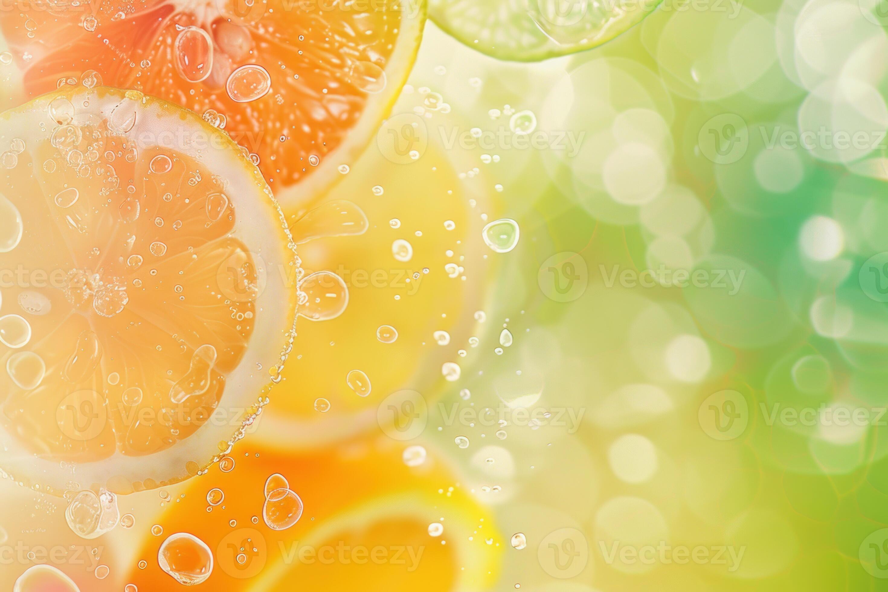 Slices of citrus fruits floating in sparkling water creating refreshing summer background ...