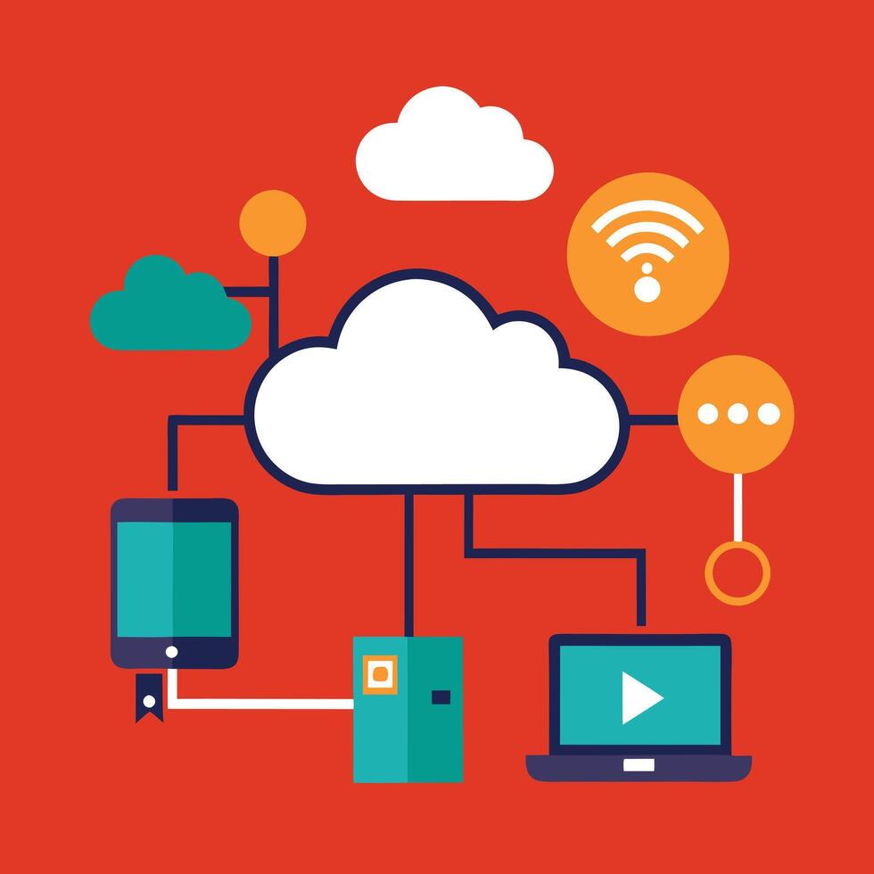 A cloud computing network with connected devices and icons. 49334320 ...