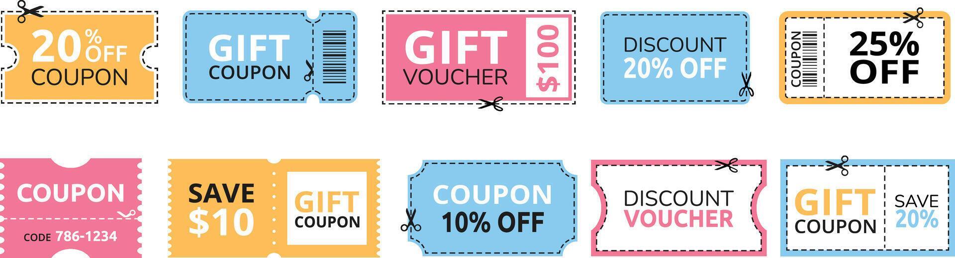 Discount offer coupon. Gift voucher or sale ticket template with cutting dashed lines and ...