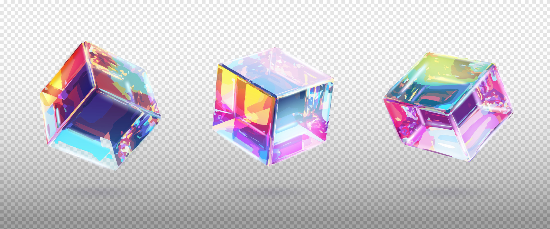 Set of luminescent 3d glass sparkling cubes with holographic effect isolated on transparent ...