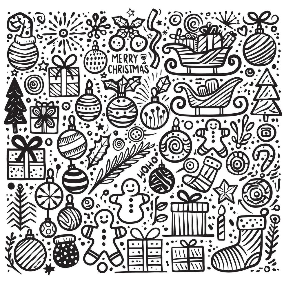 Hand Drawn Christmas Doodle Art with Holiday Icons and Decorations ...