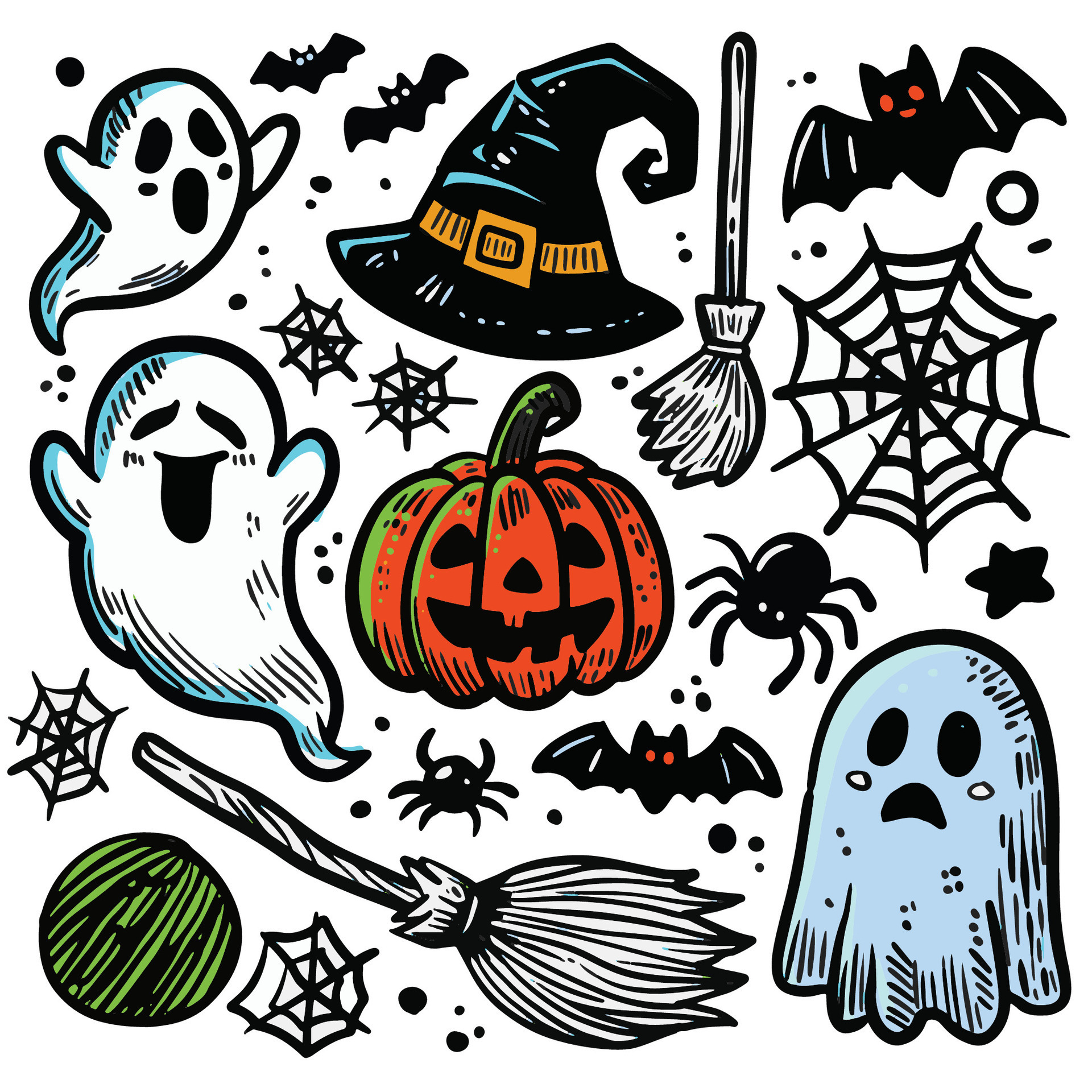Spooky Hand-Drawn Halloween Doodles with Ghosts Pumpkins Spiderwebs and ...