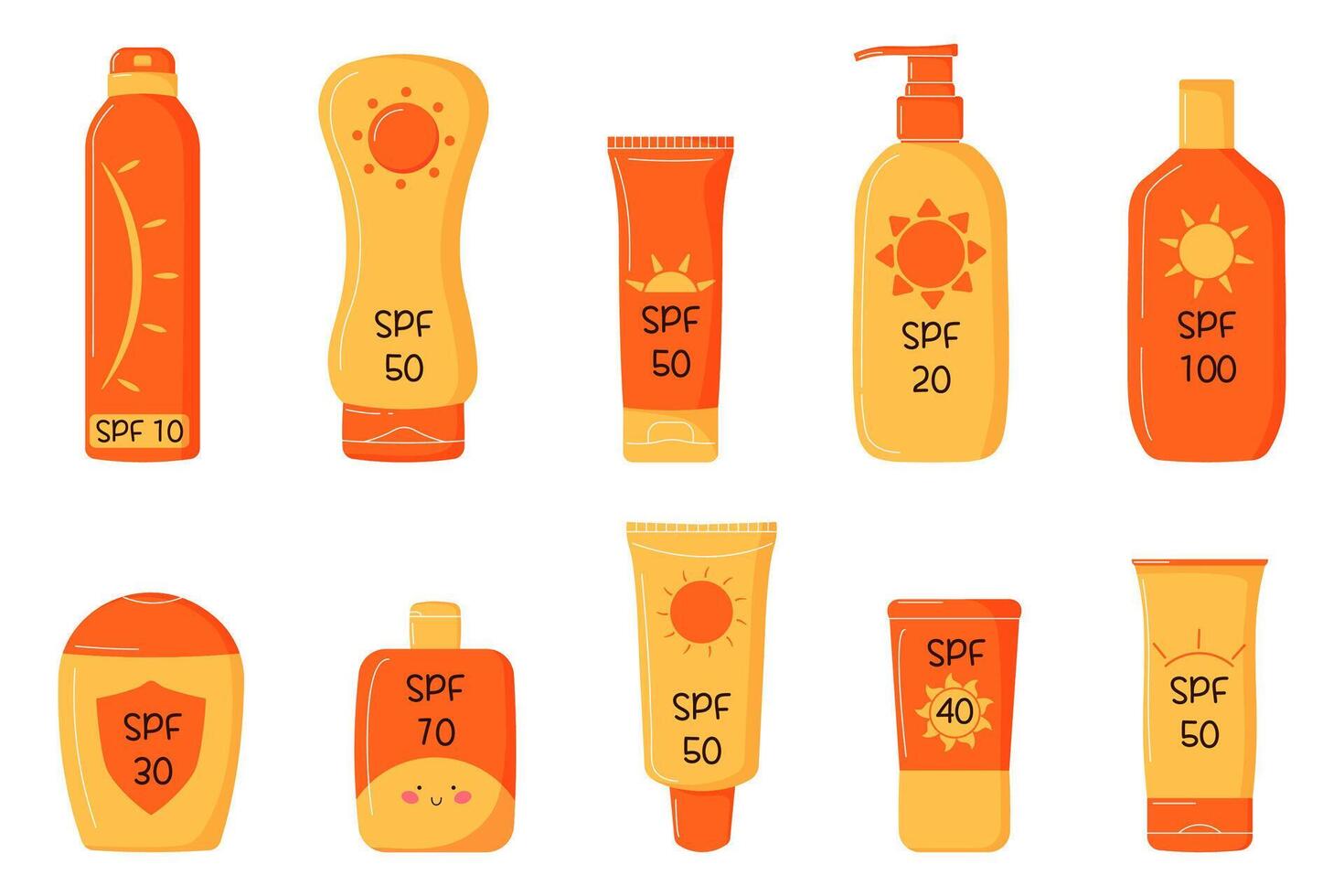 Set of sunscreen bottles with various SPF levels. Oil, balm, spray ... Set of sunscreen bottles with various SPF levels. Oil, balm, spray ...