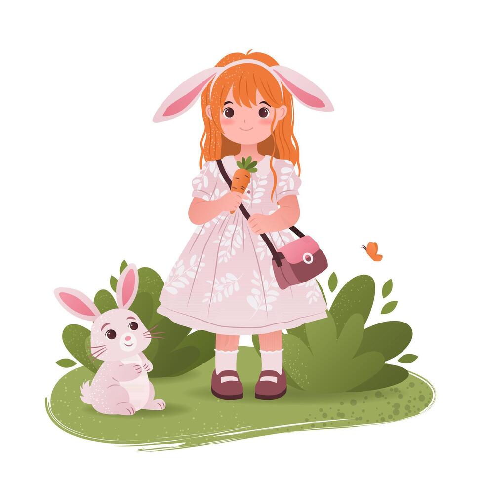 Linda Dibujos Animados Pequeño Niña Con Conejito En Pie En El Jardín Aislado Plano Ilustración
