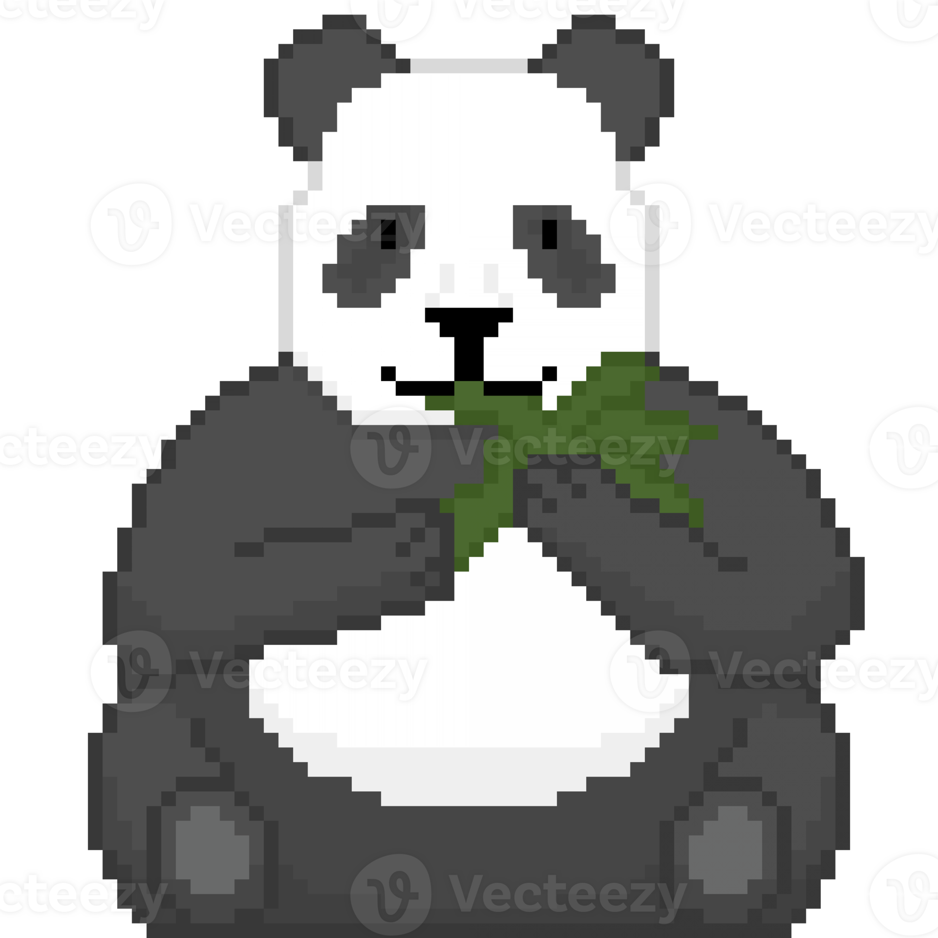 A retro-styled pixel-art illustration of a black and white panda bear eating bamboo. 49379207 PNG