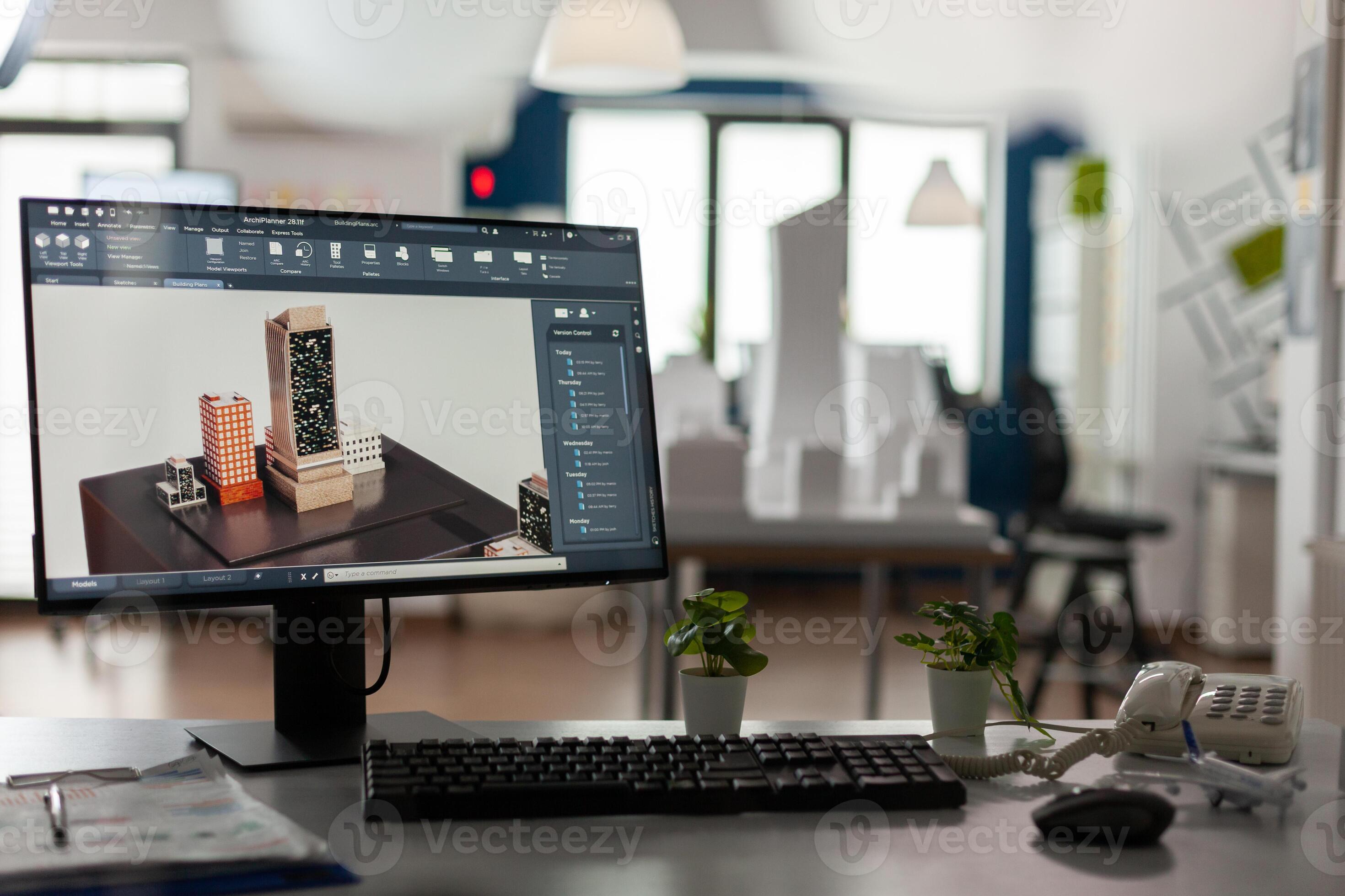 Computer display with 3d render software of architectural building ...