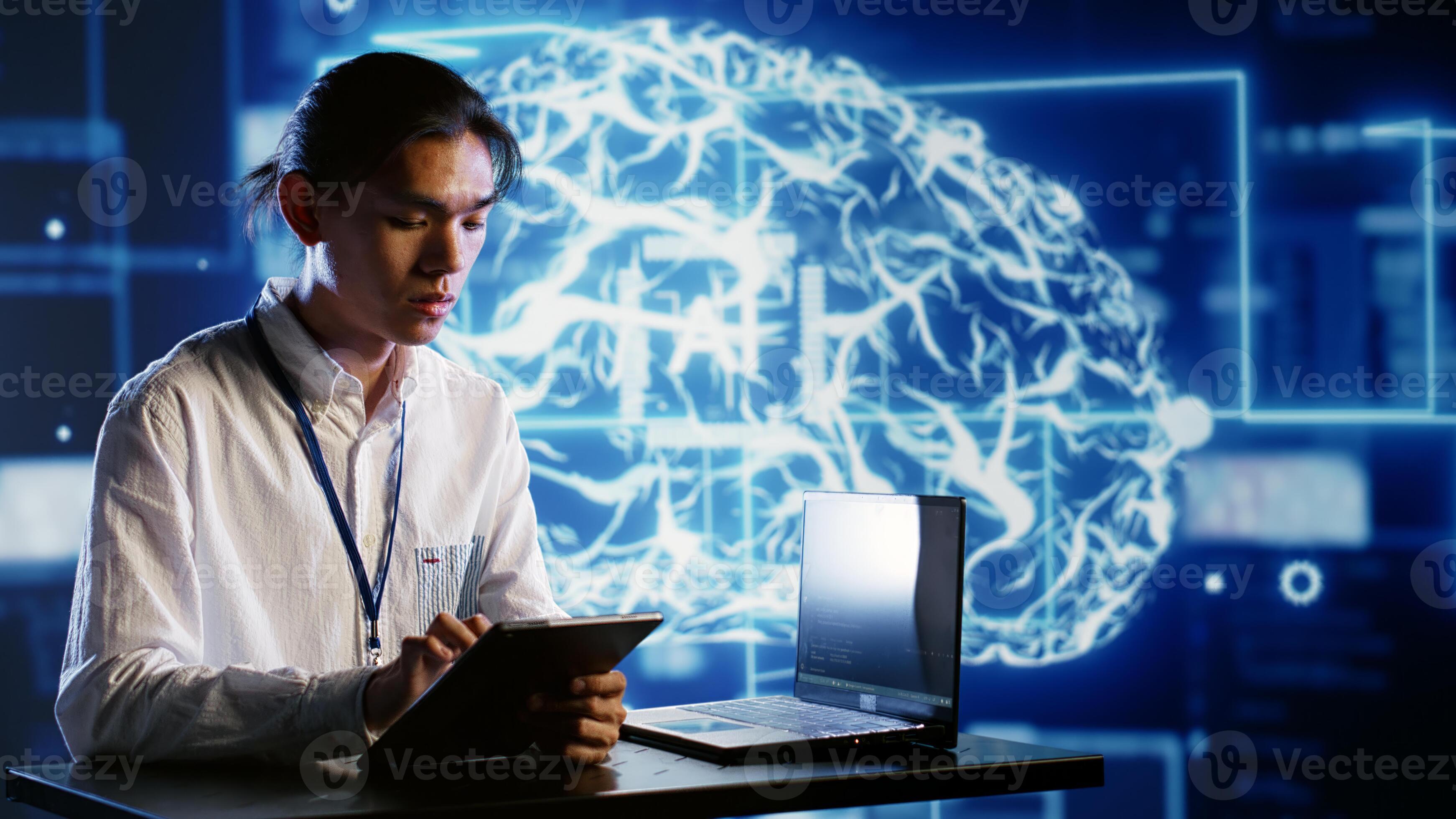 Skilled professional developing artificial intelligence neural networks architecture inspired by ...