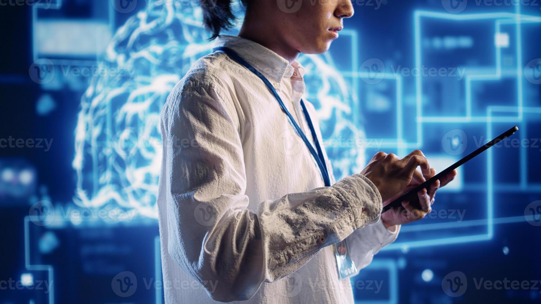 Experienced Programmer In Data Center Uses Artificial Intelligence Computing Simulating Human