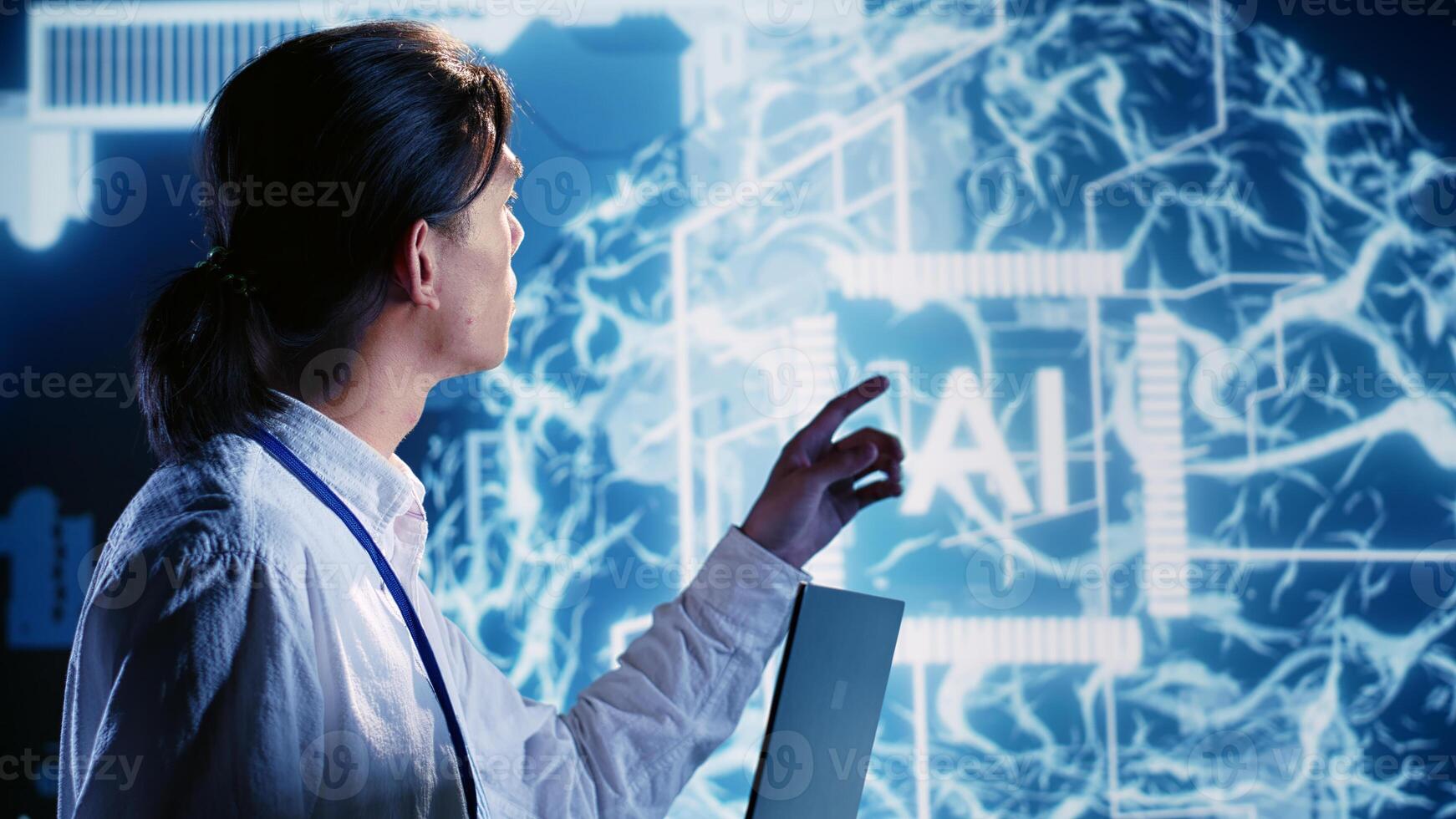 Tech support man developing artificial intelligence neural networks architecture inspired by ...