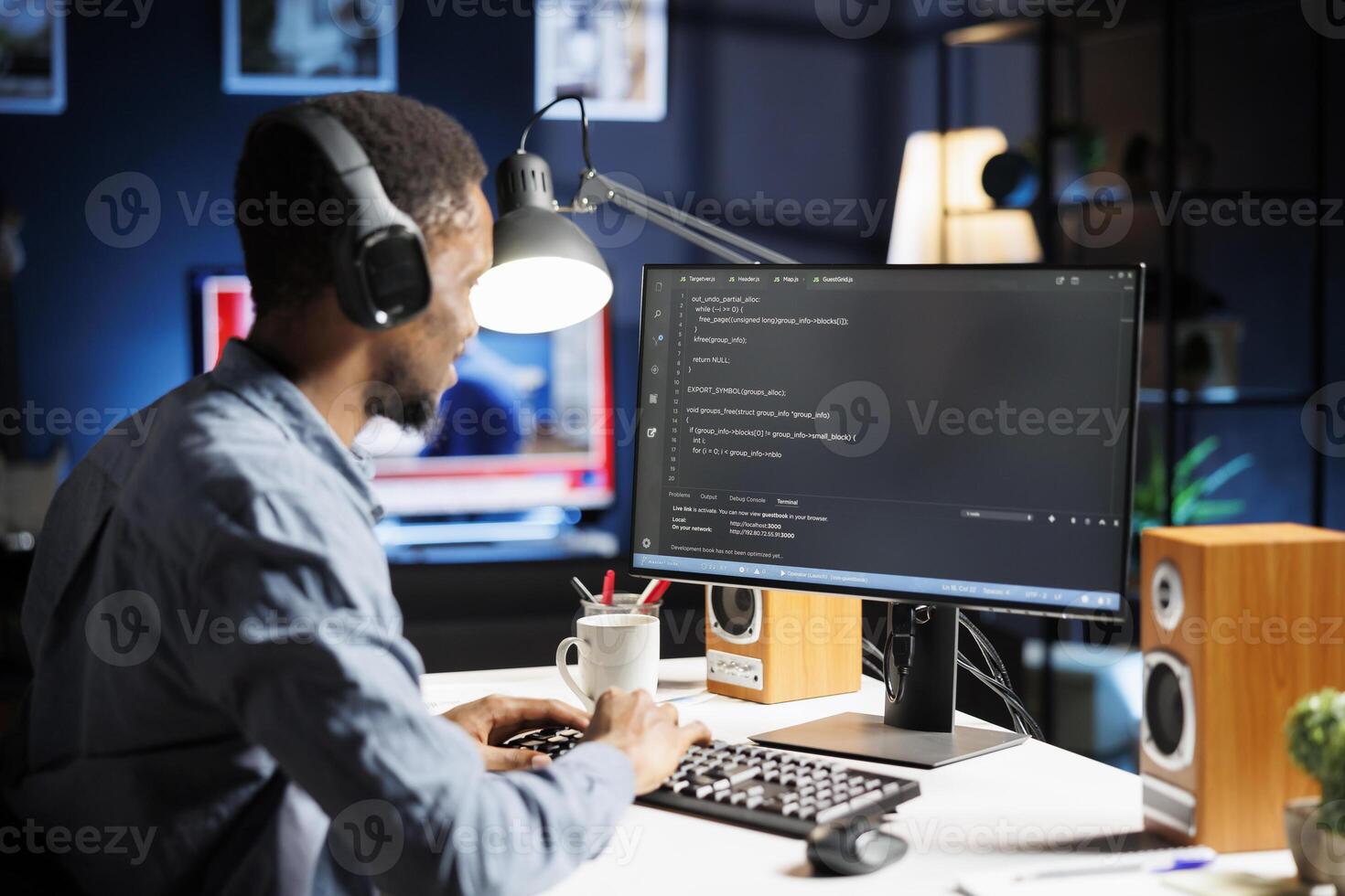 Technical expert works on html software code at home, navigates through ...