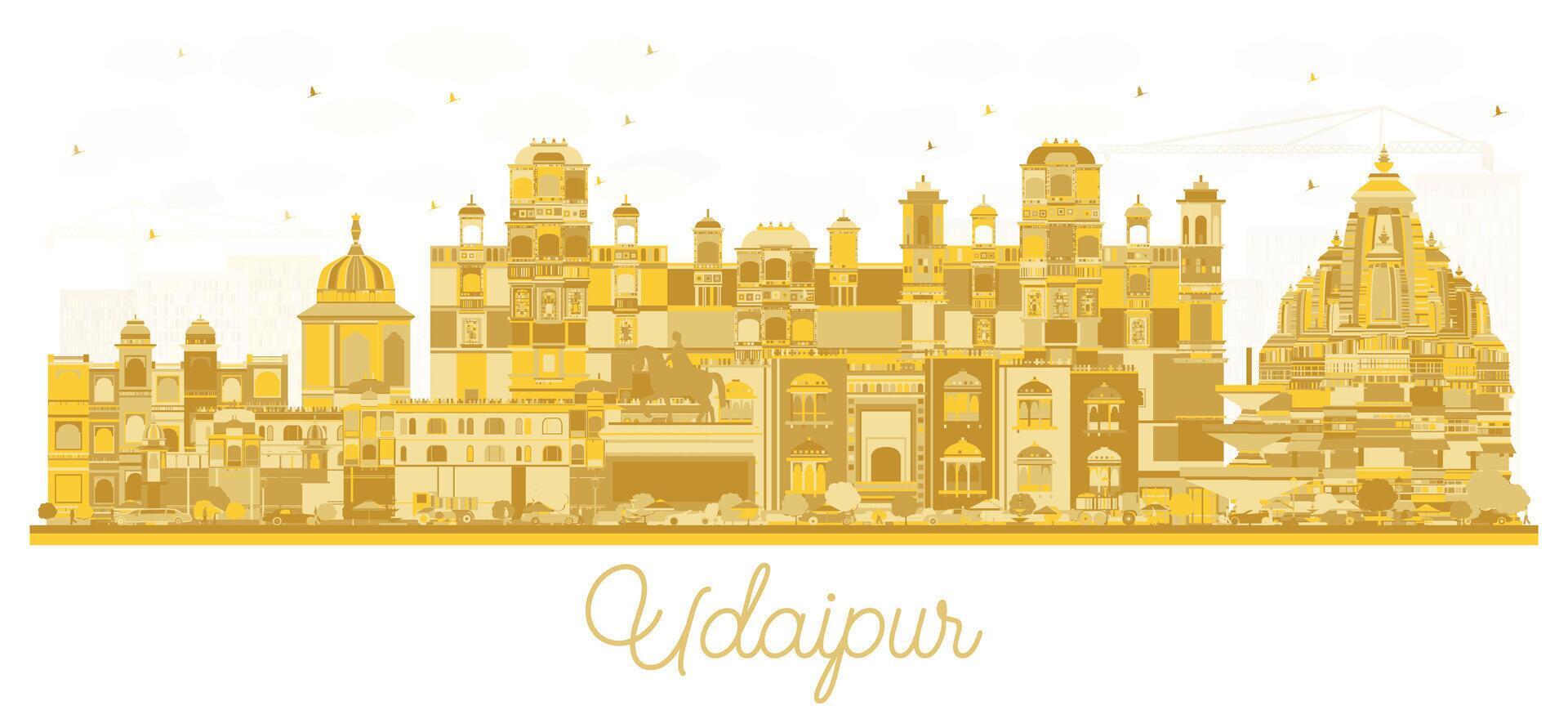 Udaipur India City Skyline silhouette with golden Buildings Isolated on White. Business Travel ...