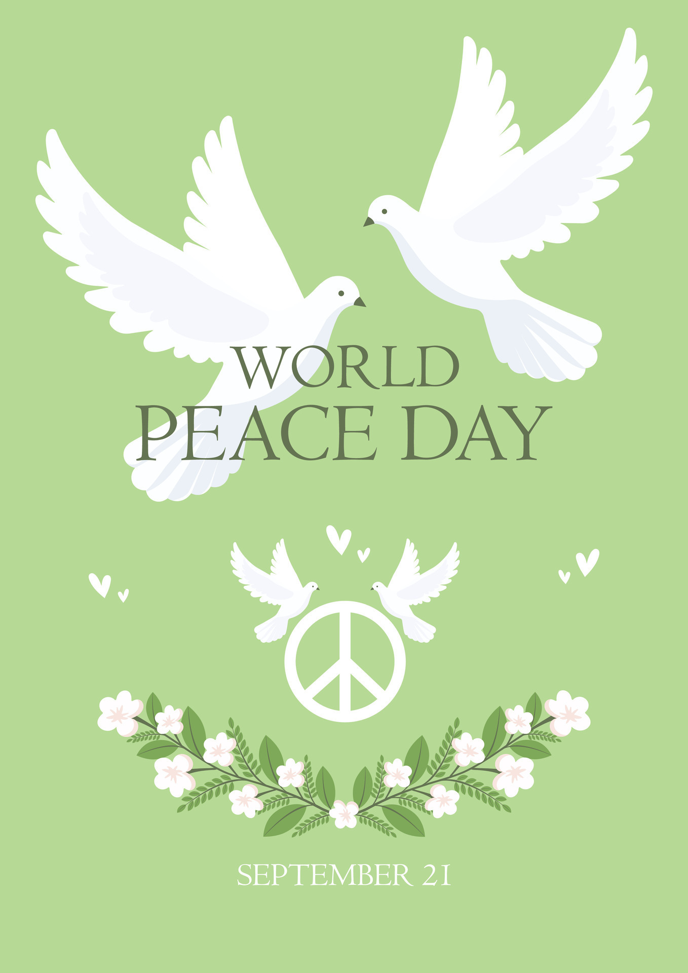Happy World Peace Day minimalistic flat flyer design in green pastel ...