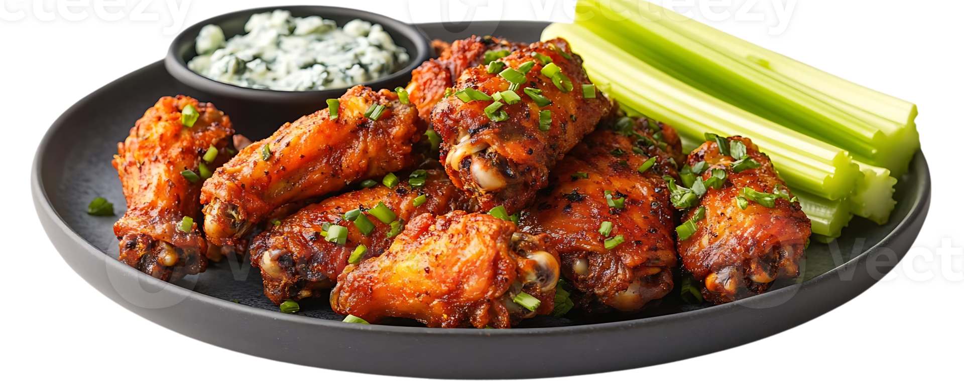Crispy Chicken Wings Served With Celery Sticks And Creamy Blue Cheese Dip On A Black Plate With