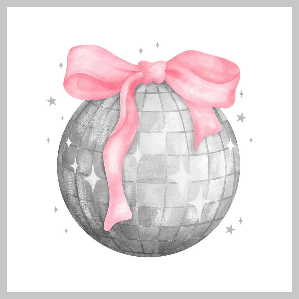 Trendy Coquette Silver Disco ball with pink ribbon bow Retro Watercolor ...