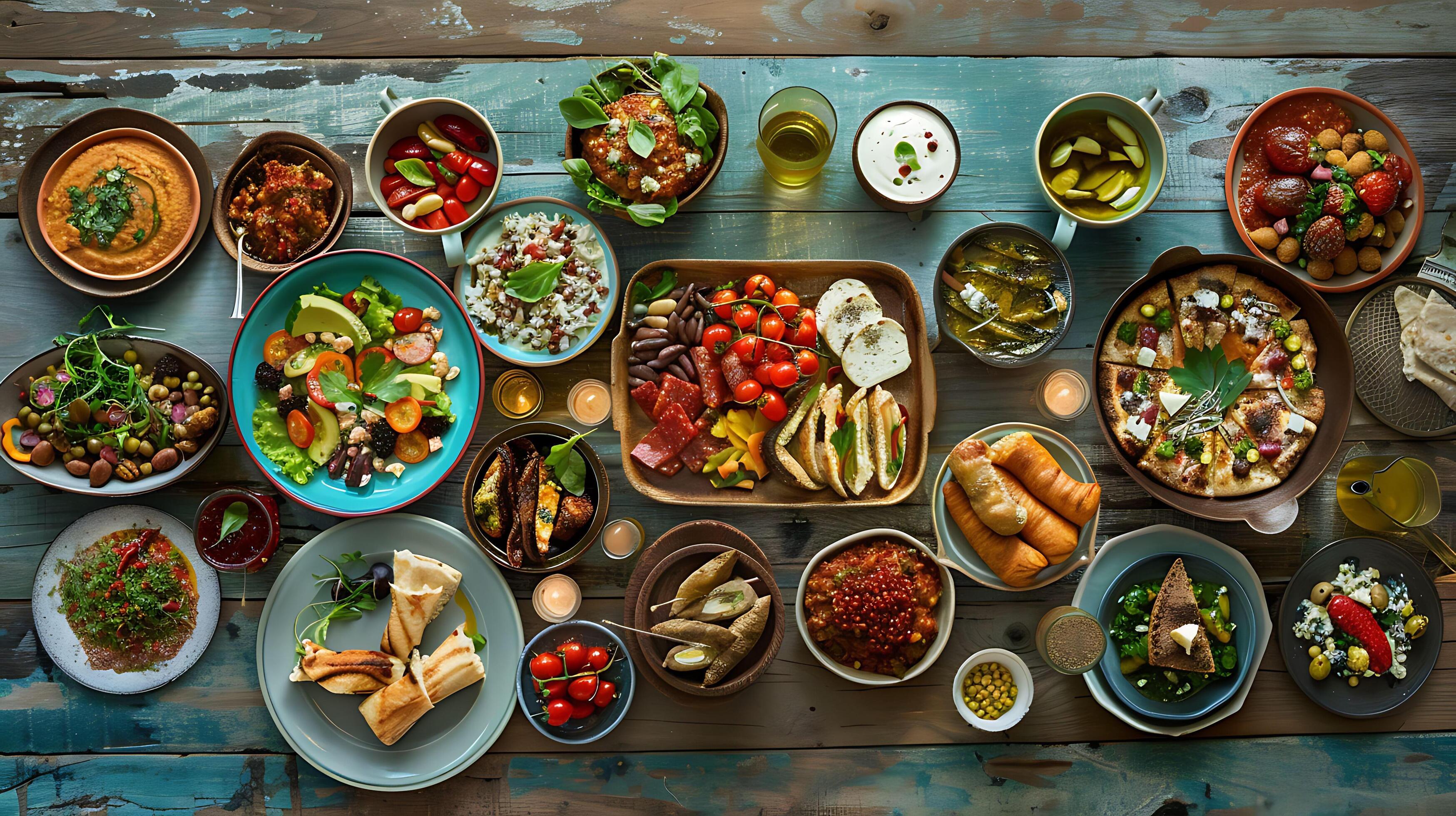 Culinary Delights Vibrant Mediterranean Mezze Spread on Rustic Table ...