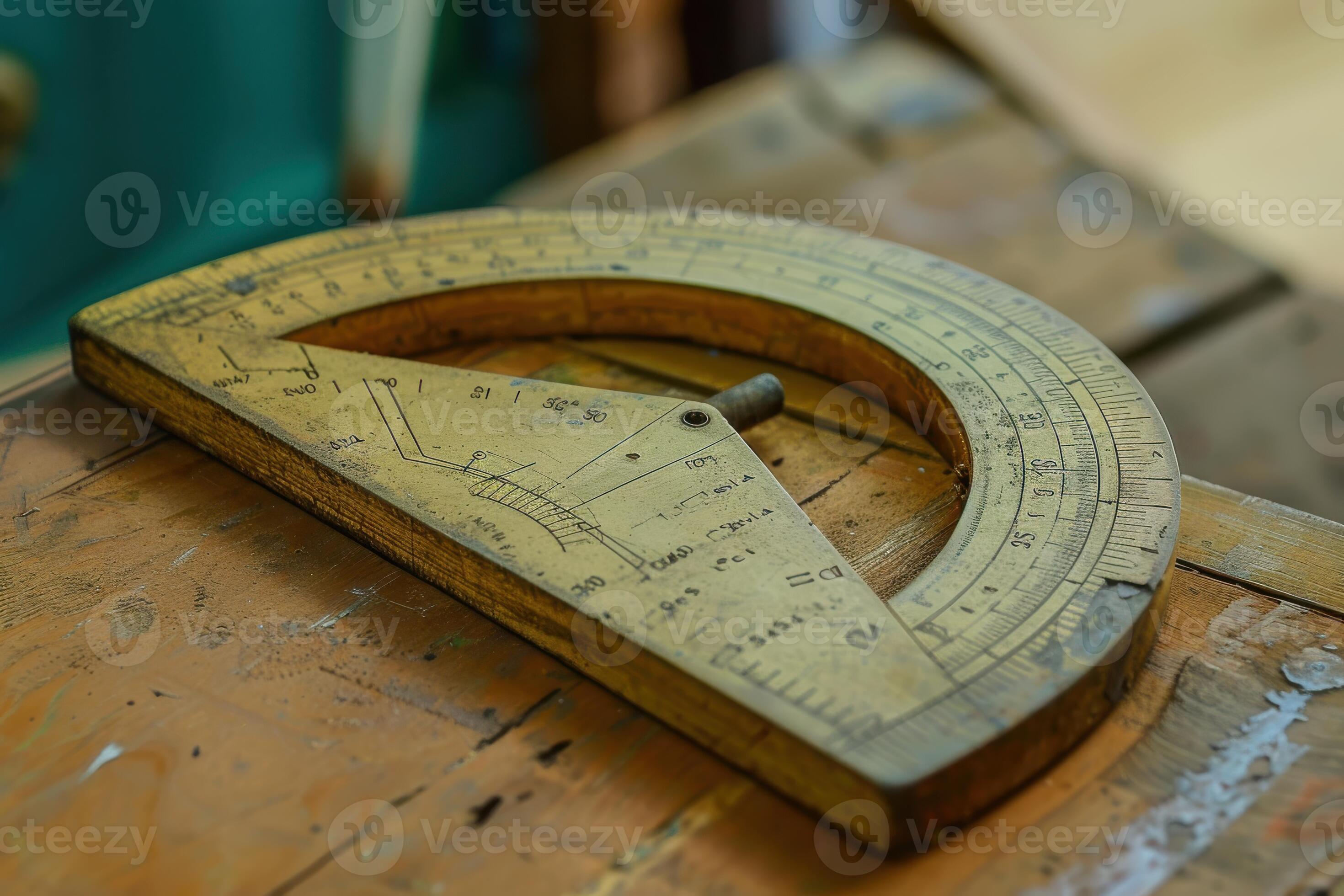 Antique Wooden Protractor Displayed On A Rustic Wooden Table In A