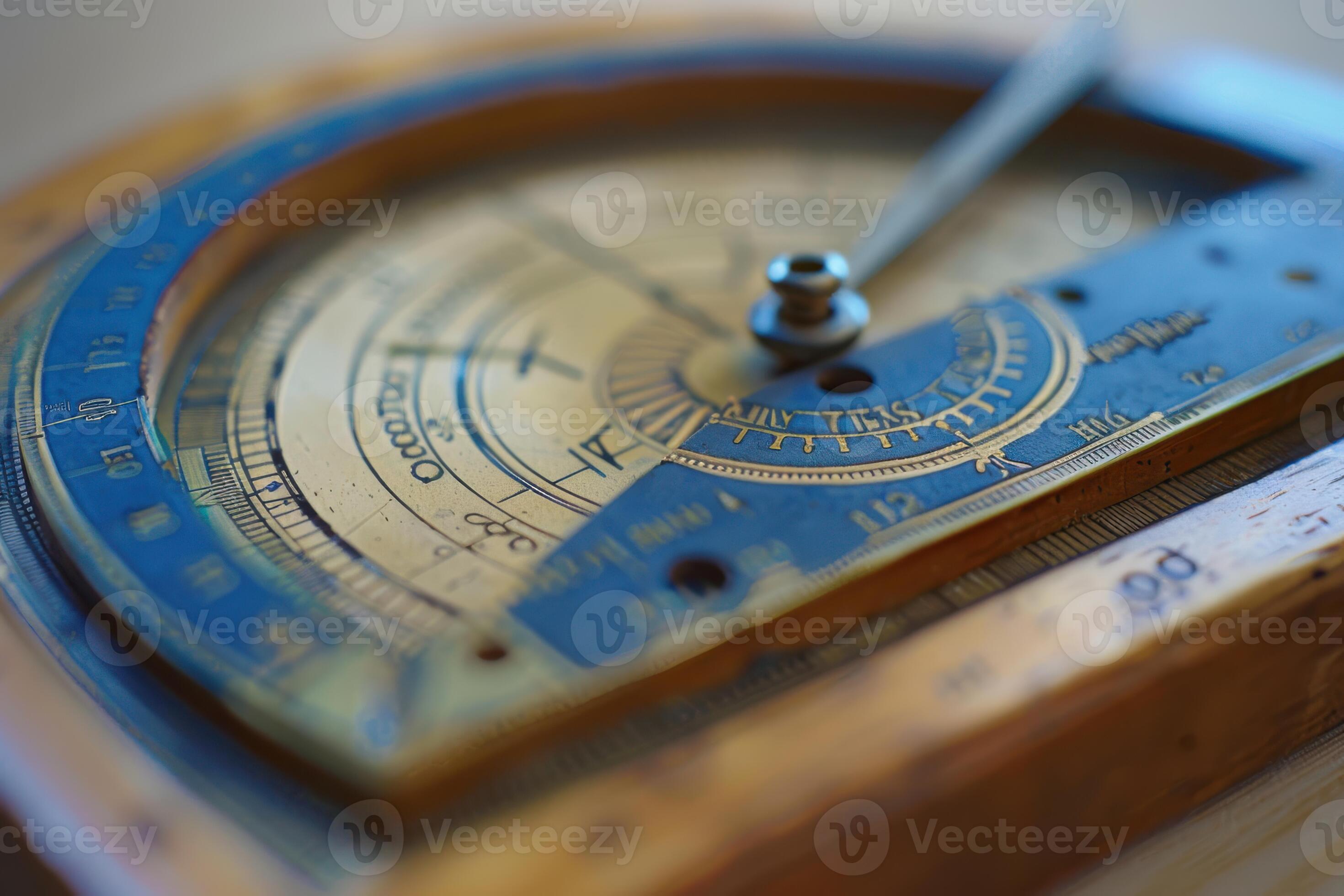 Antique barometer with brass and wooden frame displayed on a wooden ... Antique barometer with brass and wooden frame displayed on a wooden ...