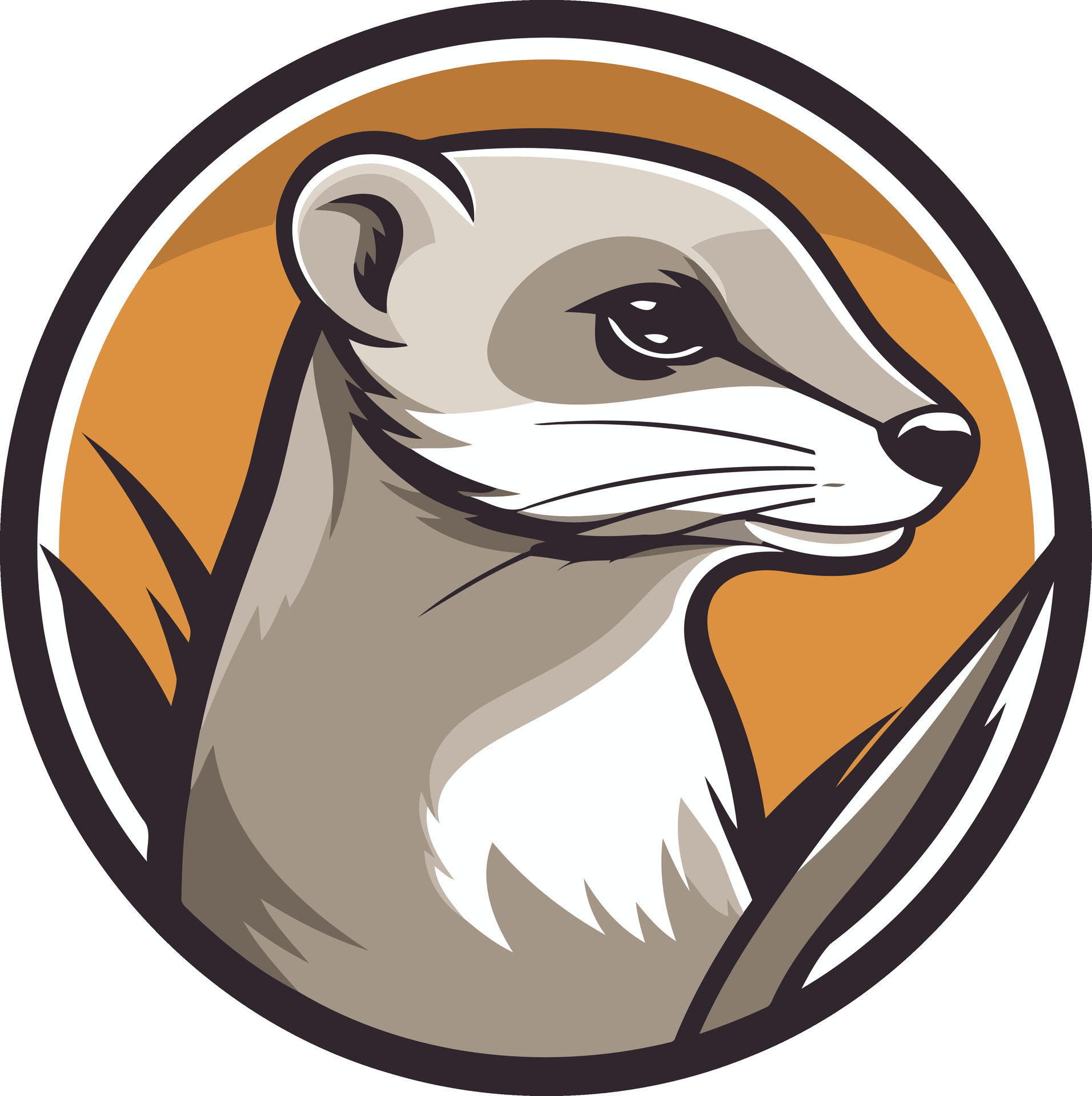 A bold and stylized illustration of a ferret head in a circular frame, perfect for branding ...