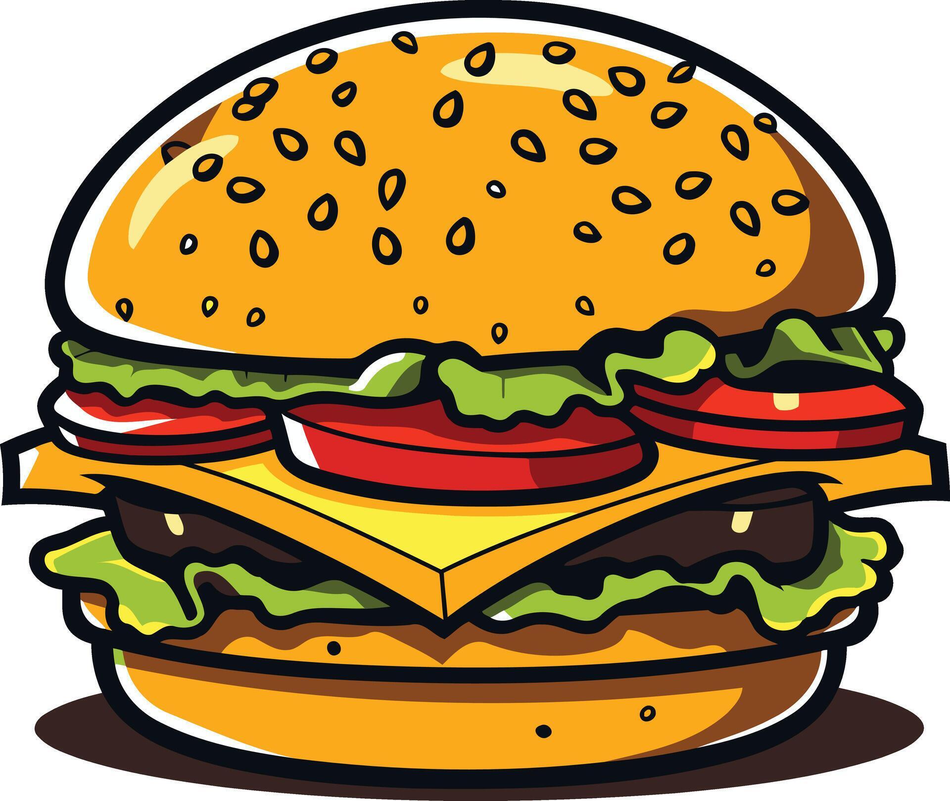 A cartoon illustration of a mouthwatering hamburger with sesame seed bun, lettuce, tomato ...