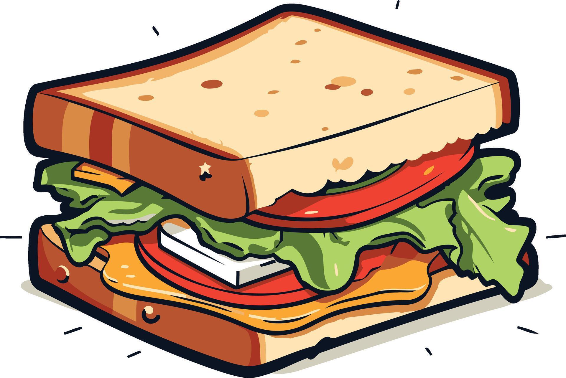 A cartoon illustration of a delicious sandwich with tomato, lettuce, and cheese on a white ...