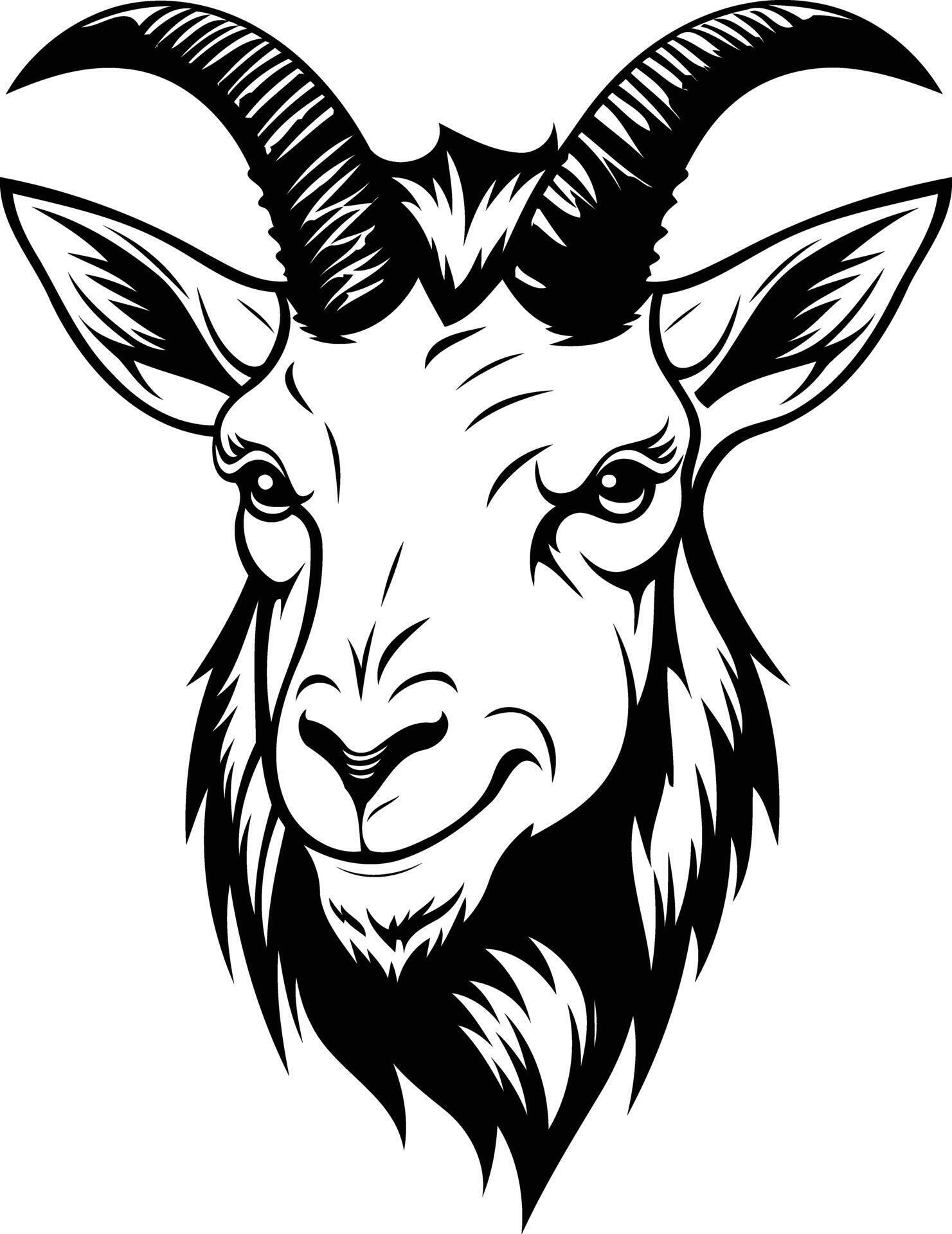 A striking black and white illustration of a goat's head, showcasing its horns and detailed ...