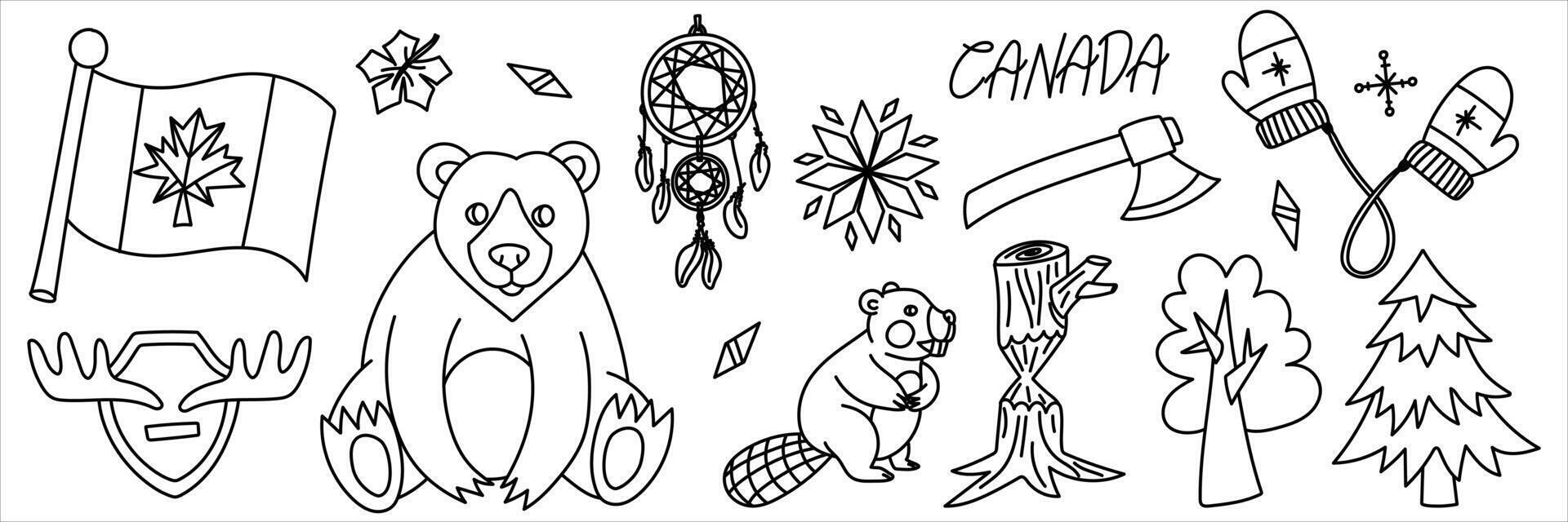 set of doodle illustrations on a Canadian theme in a flat contour style ...