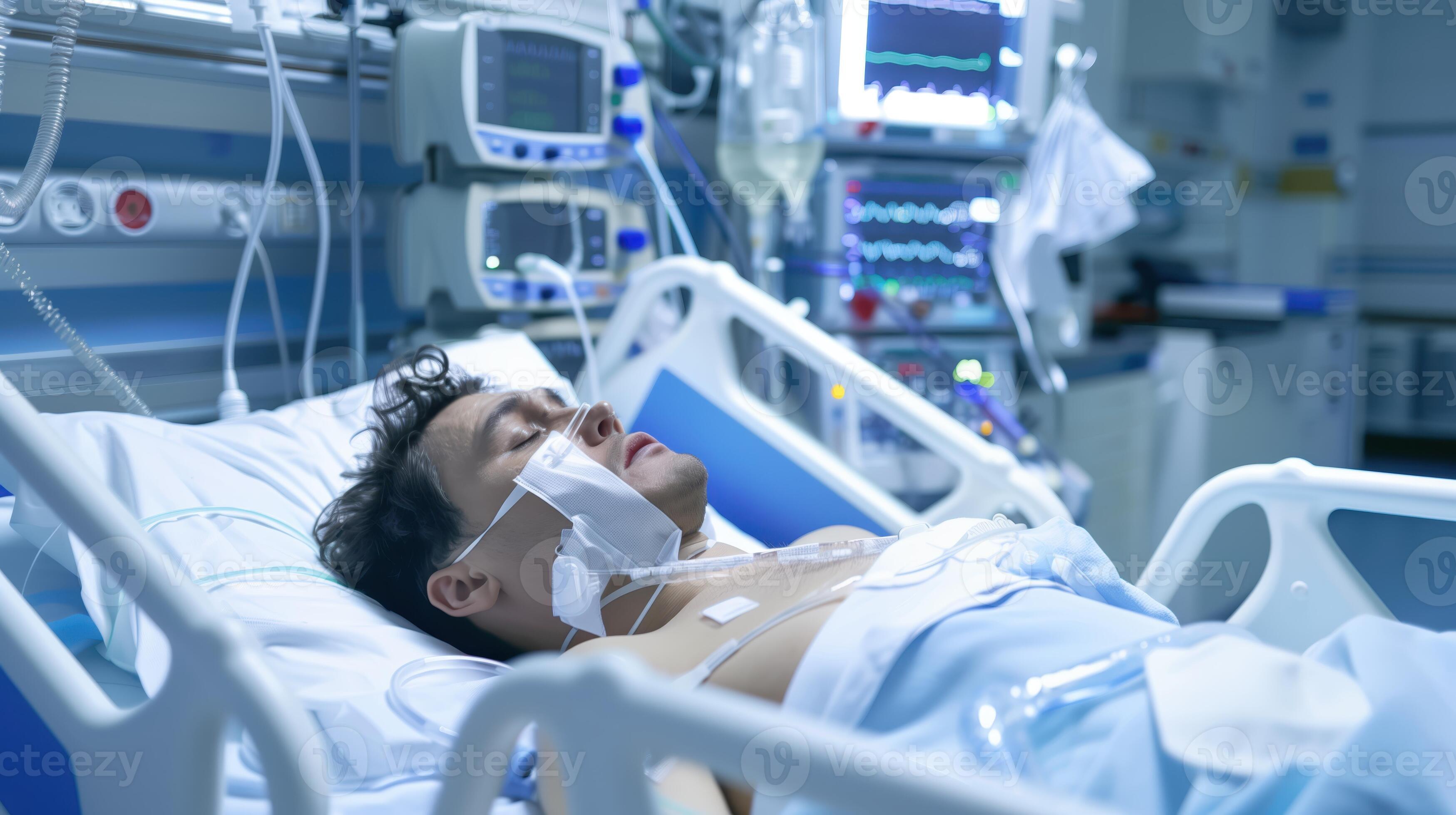 Unconscious Patient in Hospital Emergency Room, Critical Condition with Vital Monitors and ...