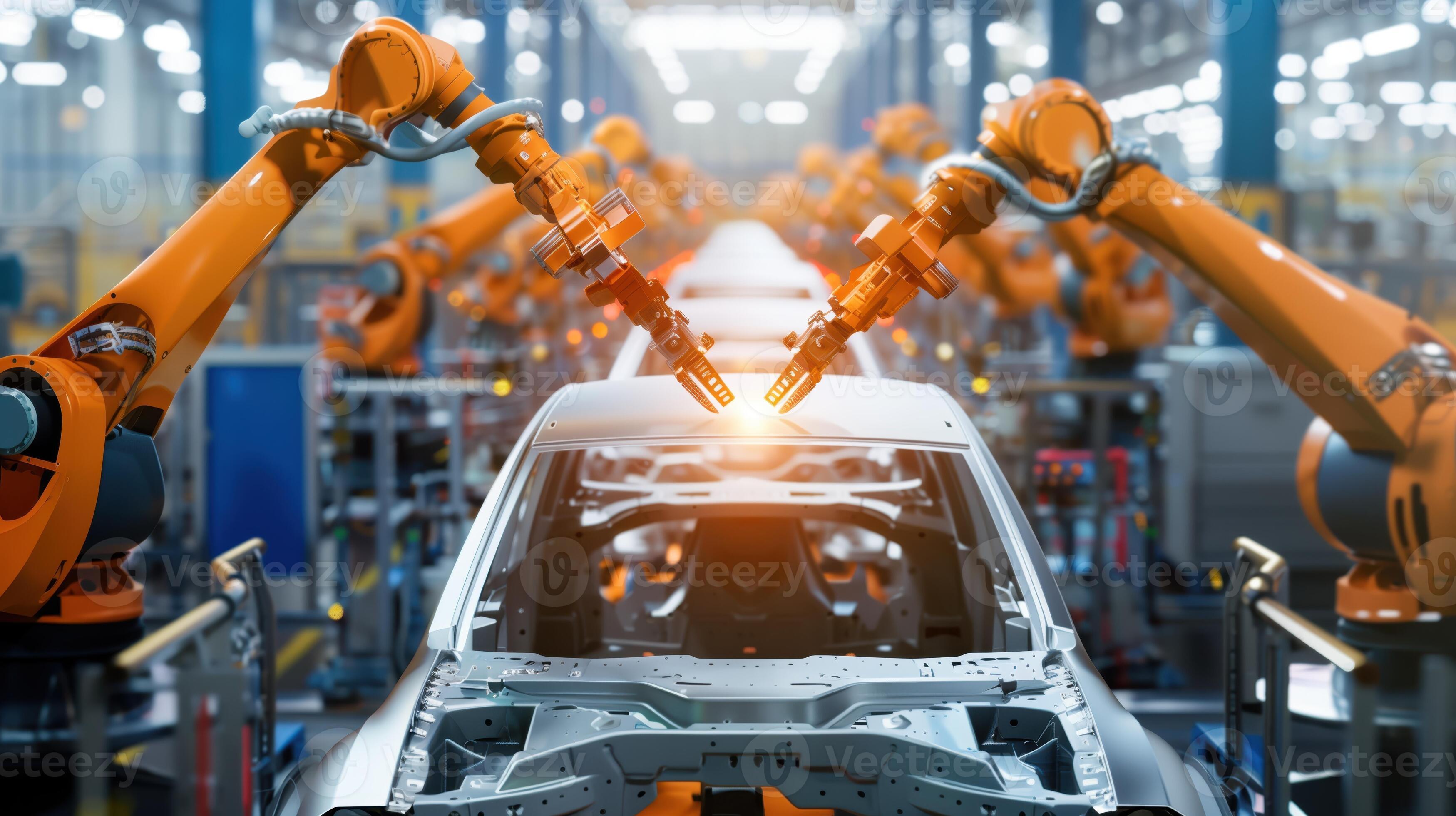 Automated Robot Arms In A Car Factory Performing Industrial Assembly On