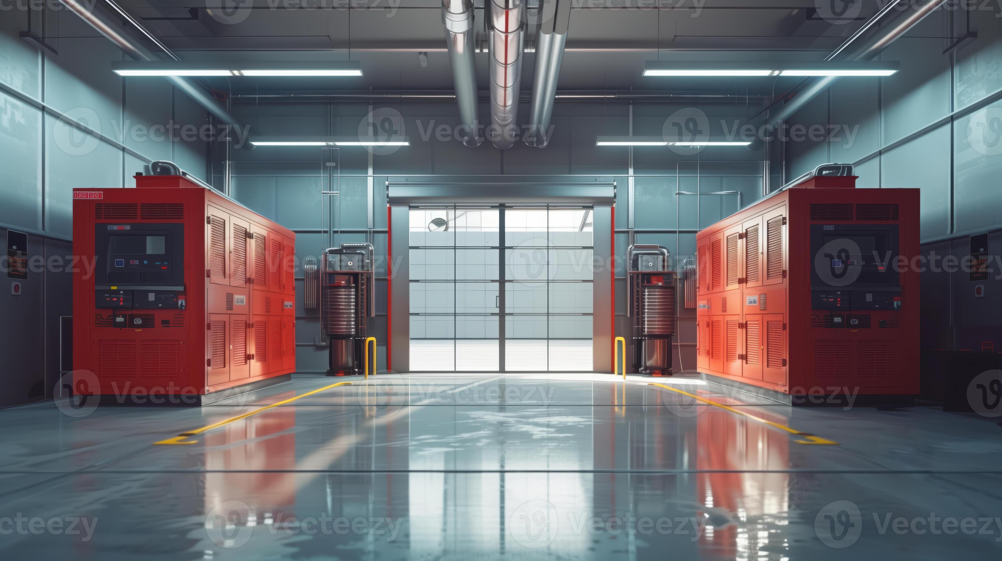 Industrial Generator Room with Two Large Generators in a Modern Factory ...