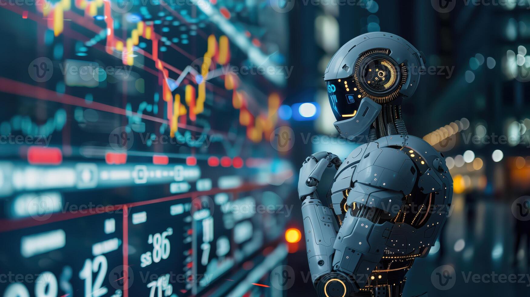 Futuristic Trading Robot Analyzing Cryptocurrency Markets with Digital Data Visualization in ...