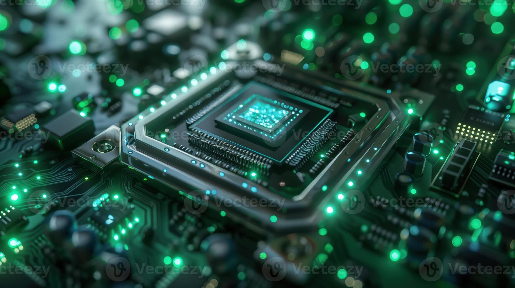 Hyperrealistic Image Of A Modern Microchip Microprocessor With Green