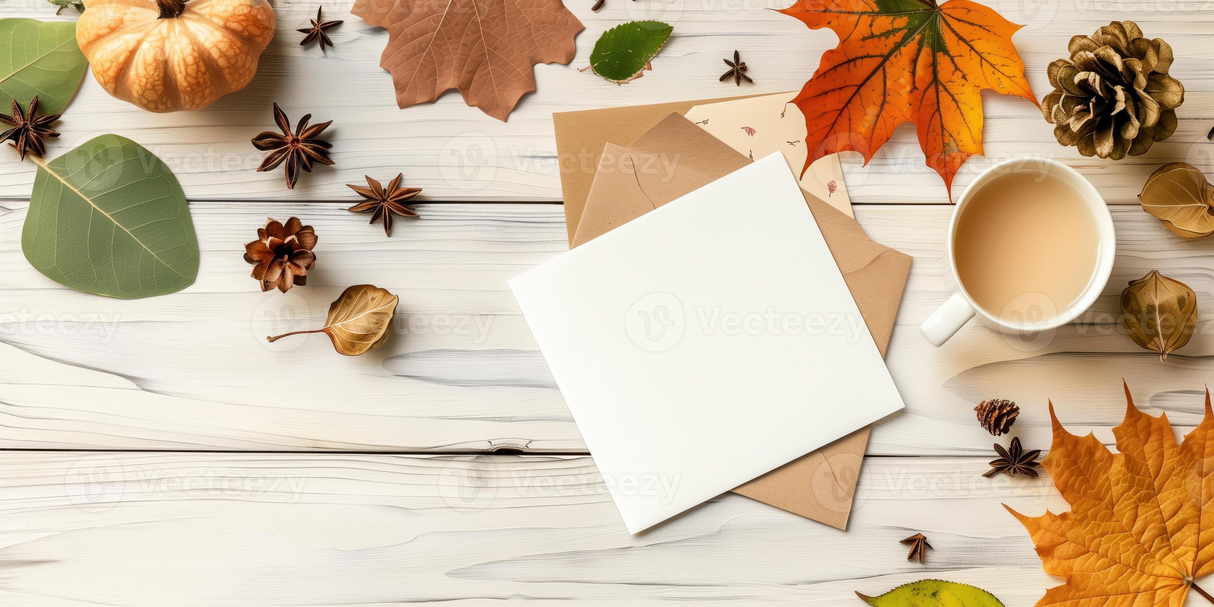 Autumn Greeting Card Mock-up with Fall Leaves, Coffee, and Pumpkin ...