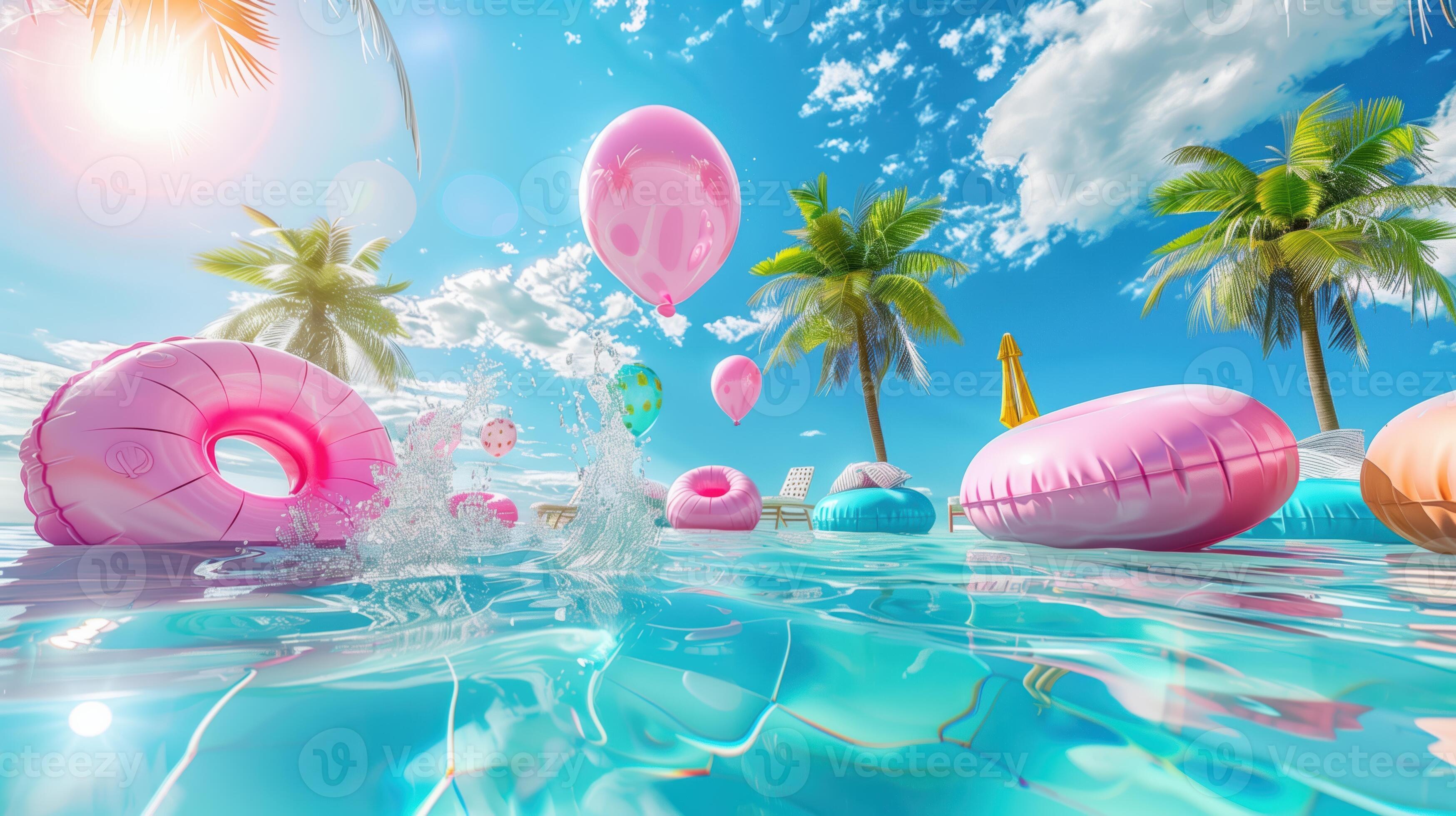 Vibrant Tropical Pool Party With Colorful Floaties Balloons And Palm Trees 49463328 Stock