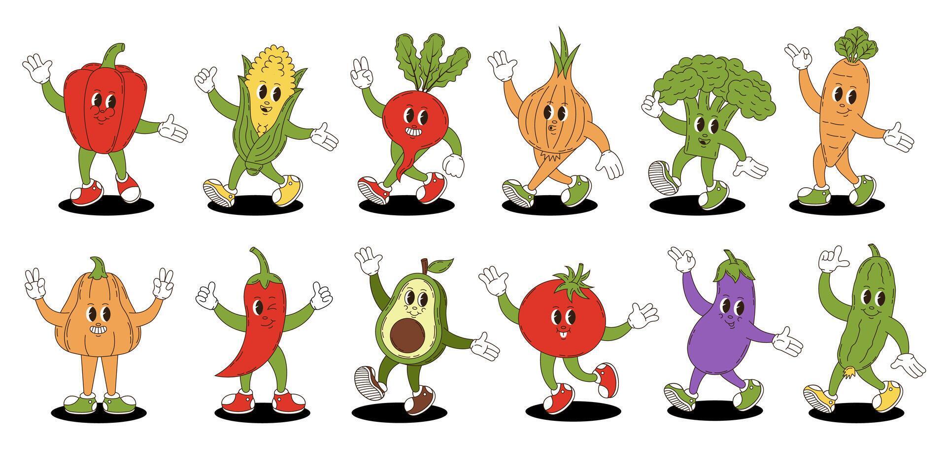 Vegetables set in retro groovy style. Groovy retro characters of ...