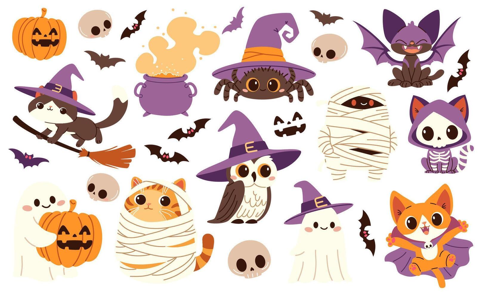 set of cute Halloween illustrations. Cats in different costumes mummy ...