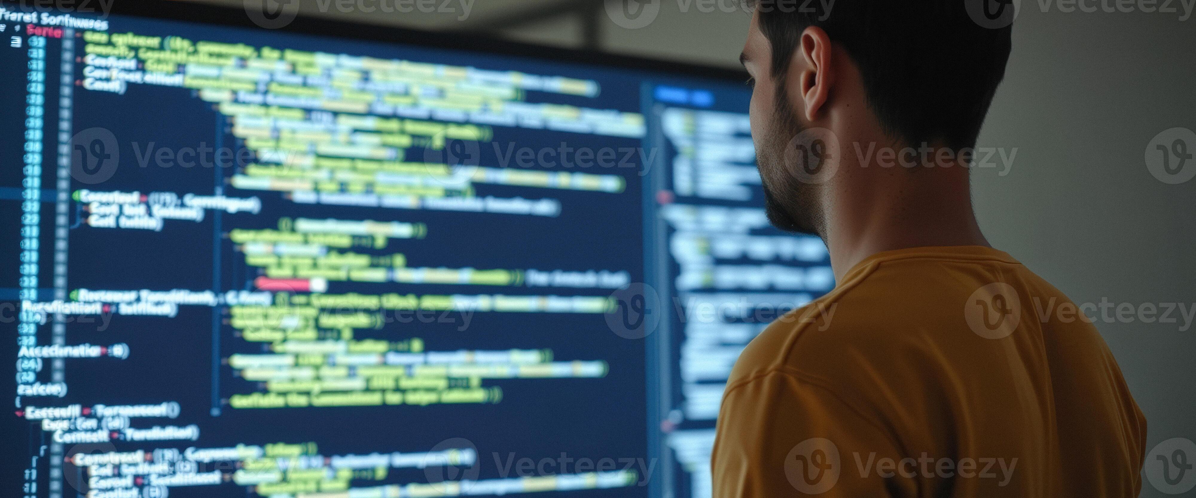 Programmer Looking at Code on a Large Monitor 49485157 Stock Photo at ...