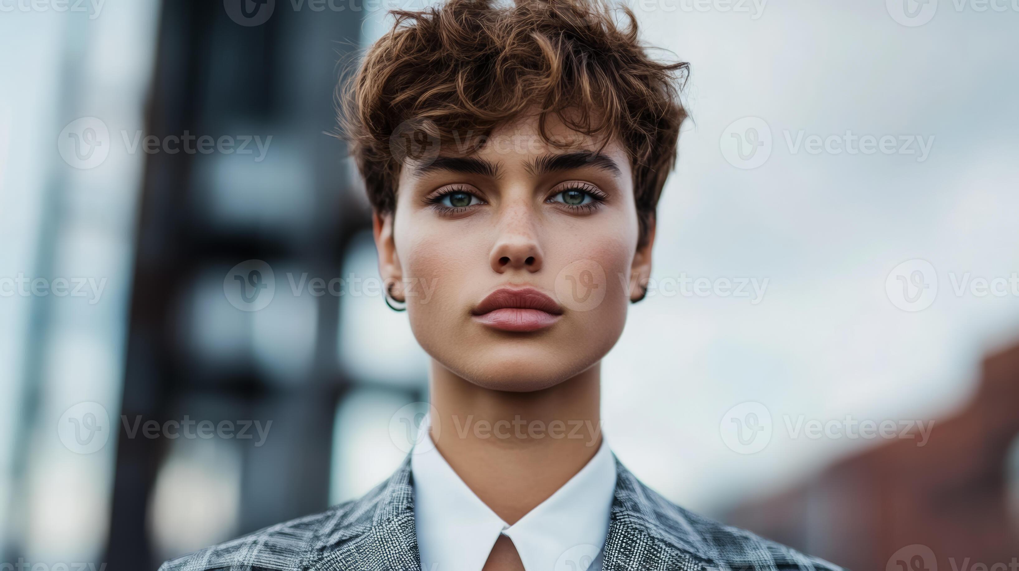 Androgynous male model with sharp features wearing a tailored suit blending feminine and ...