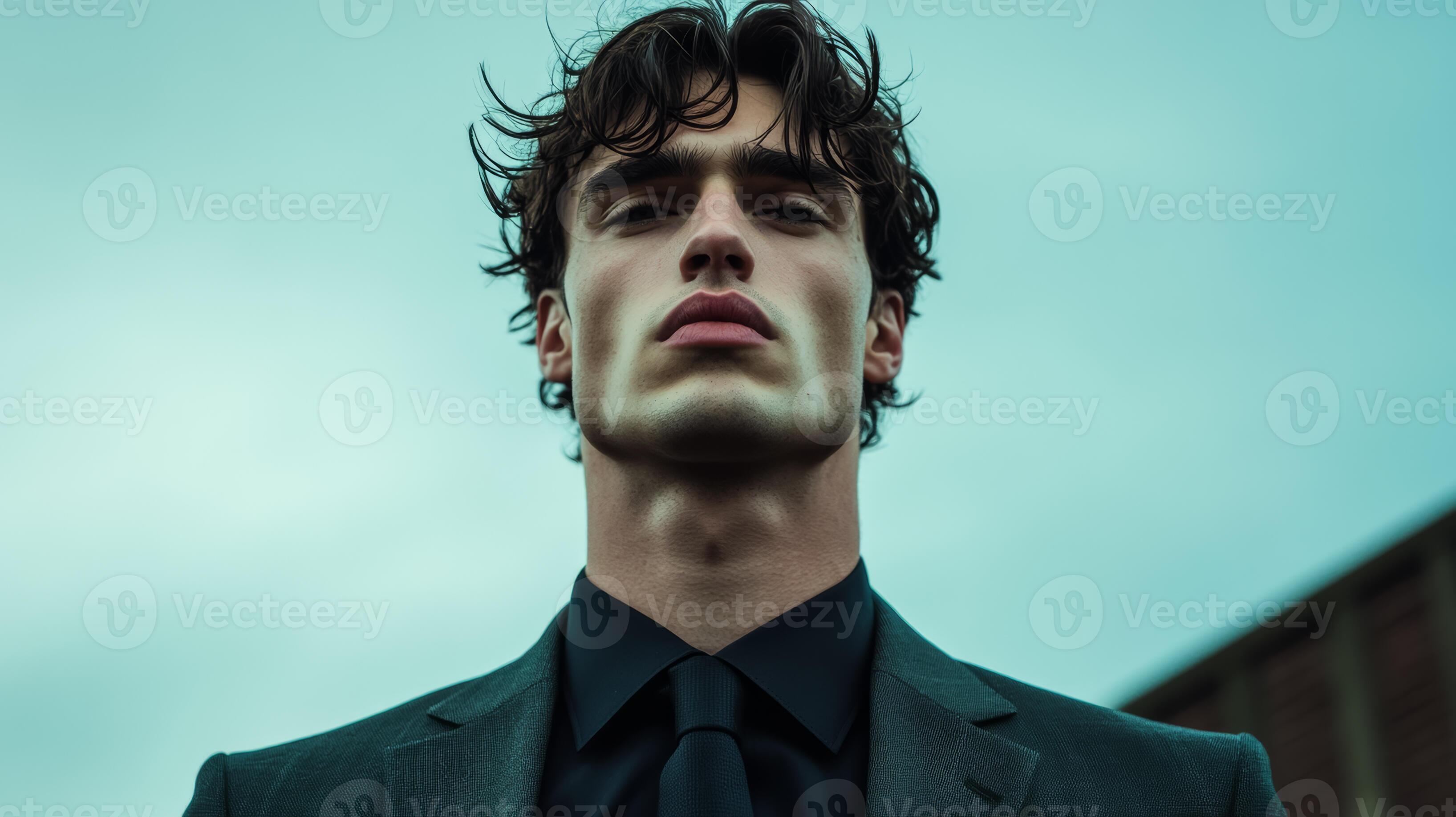 Androgynous male model with sharp features wearing a tailored suit blending feminine and ...