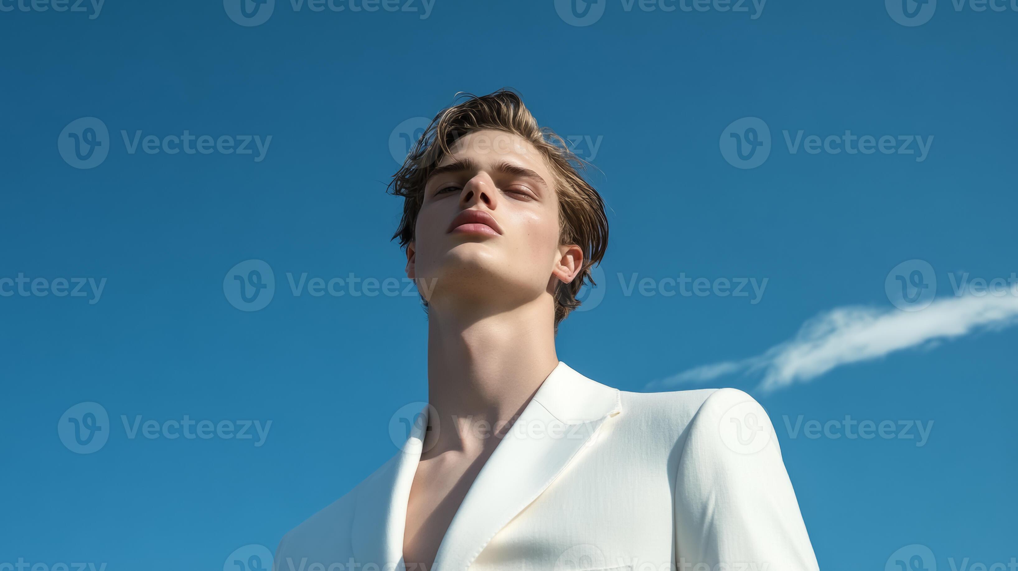 Androgynous model with ethereal beauty wearing a deconstructed suit blending sharp lines with ...